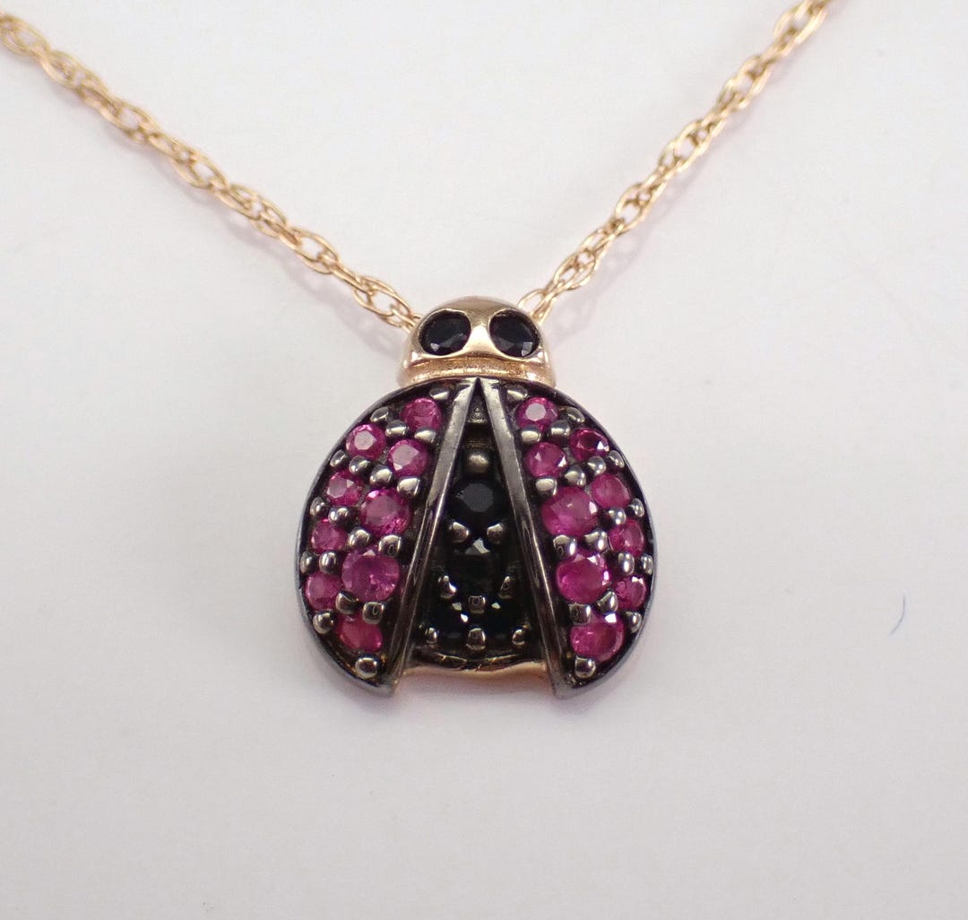 Yellow Gold Black Diamond Ladybug Pendant - Adorable Dainty Ruby Charm ...