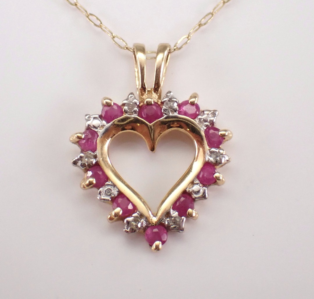Vintage Ruby and Diamond Heart Necklace Yellow Gold Dainty Little ...
