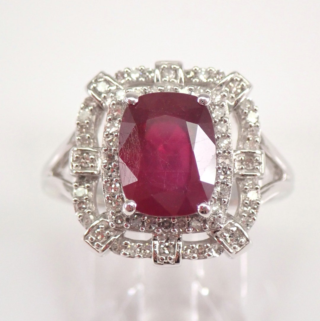 2.40ct Cushion Cut Ruby Ring, Genuine Diamond Halo Engagement Ring ...