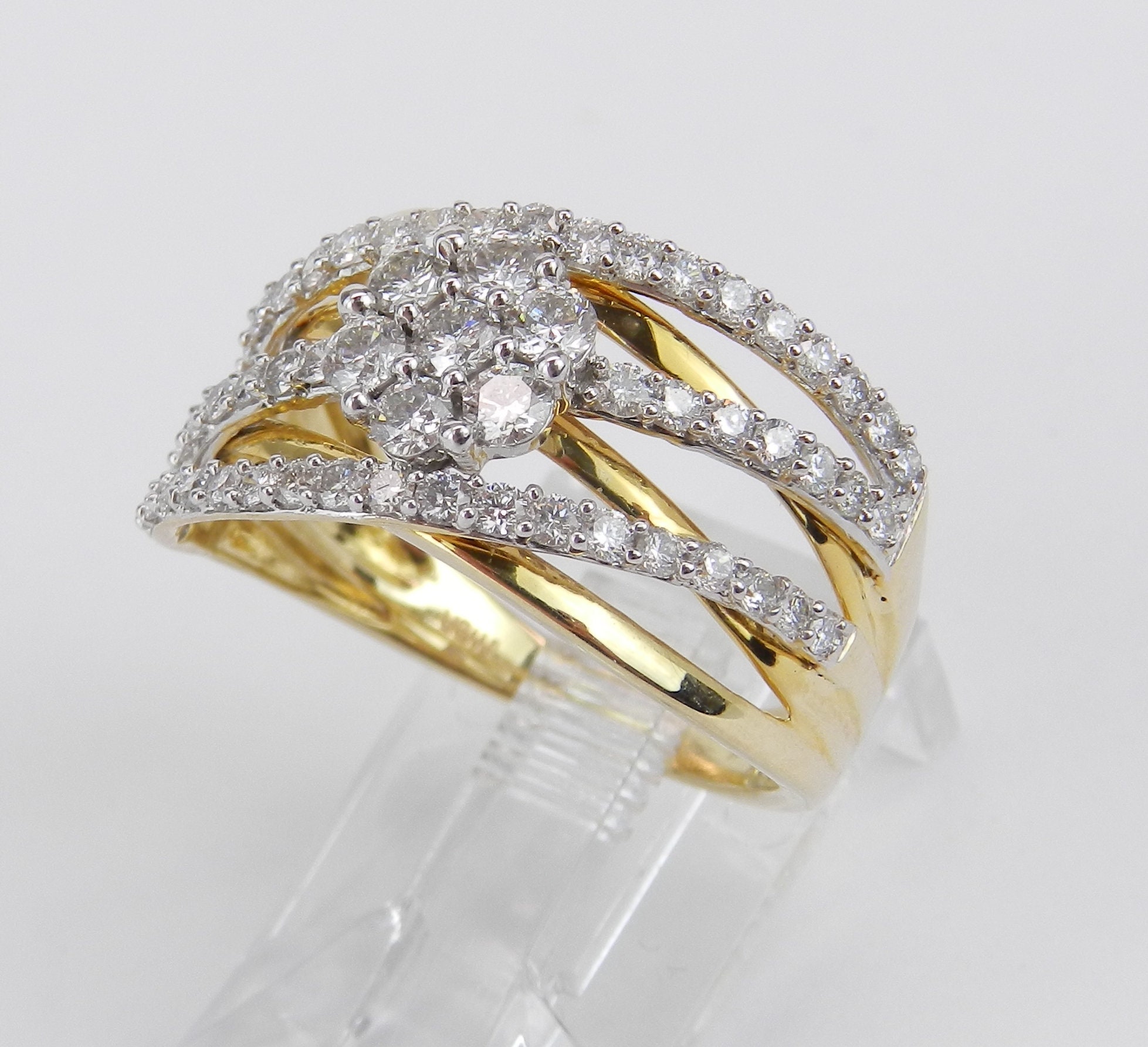RESERVED Yellow Gold 1.00ct Diamond Cluster Ring Multi Row Anniversary ...