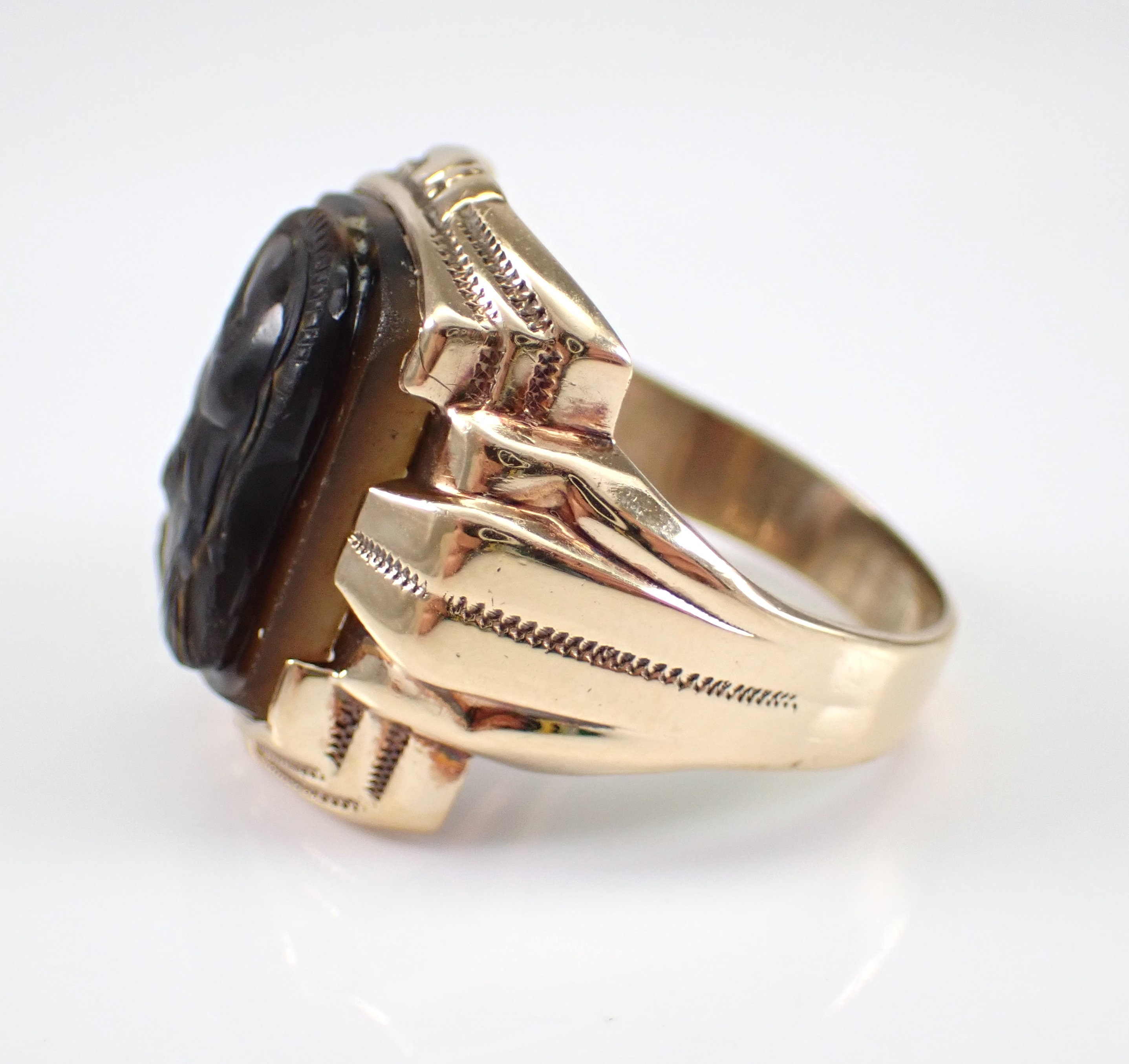 Tigers Eye Intaglio Ring, Solid Yellow Gold Solitaire Ring, Unique ...