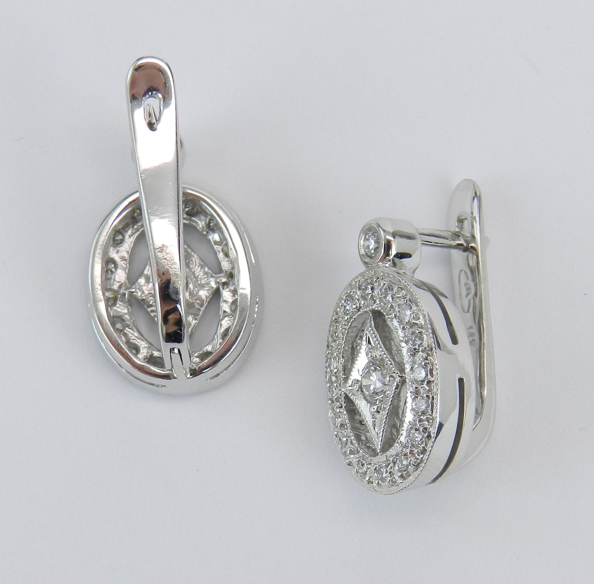 Vintage Style 14K White Gold Diamond Drop Earrings Euro Wire Clasp Handmade