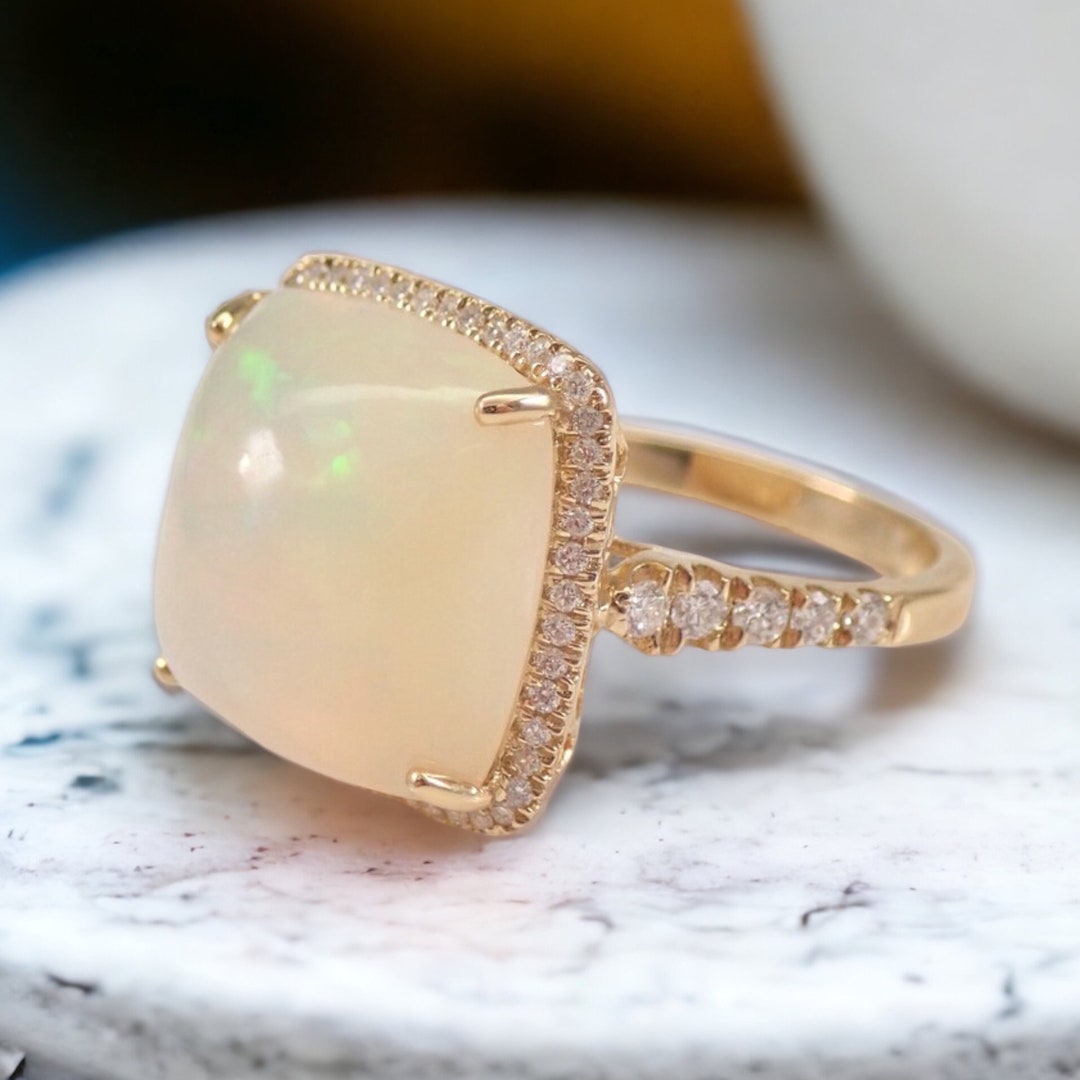 Large Cushion Cut Opal Ring, 14K Gold Diamond Halo Setting, Unique ...
