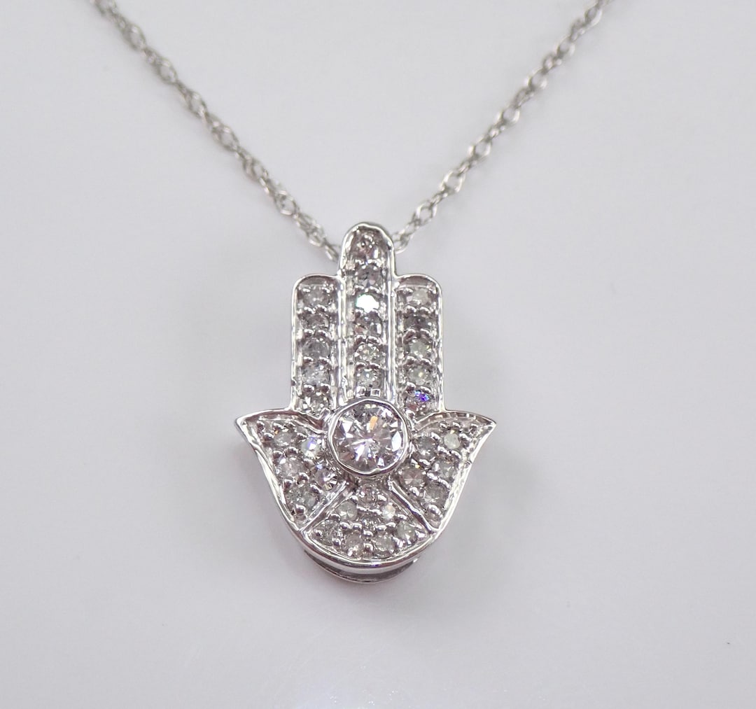 Diamond HAMSA Pendant and Chain, White Gold Hand of God Necklace ...