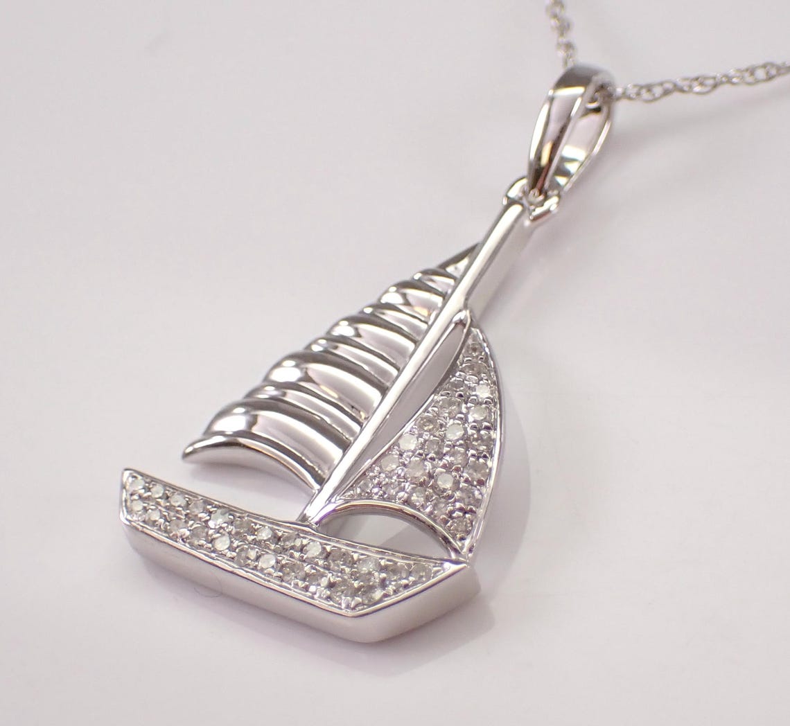 White Gold Diamond Sailboat Pendant and Chain: Cruise Ship Charm Boat ...