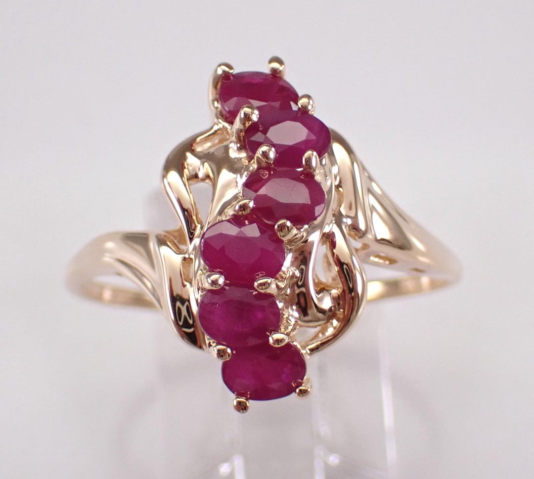 Vintage 14K Yellow Gold Ruby Ring, Elongated Cluster Gemstone Band ...