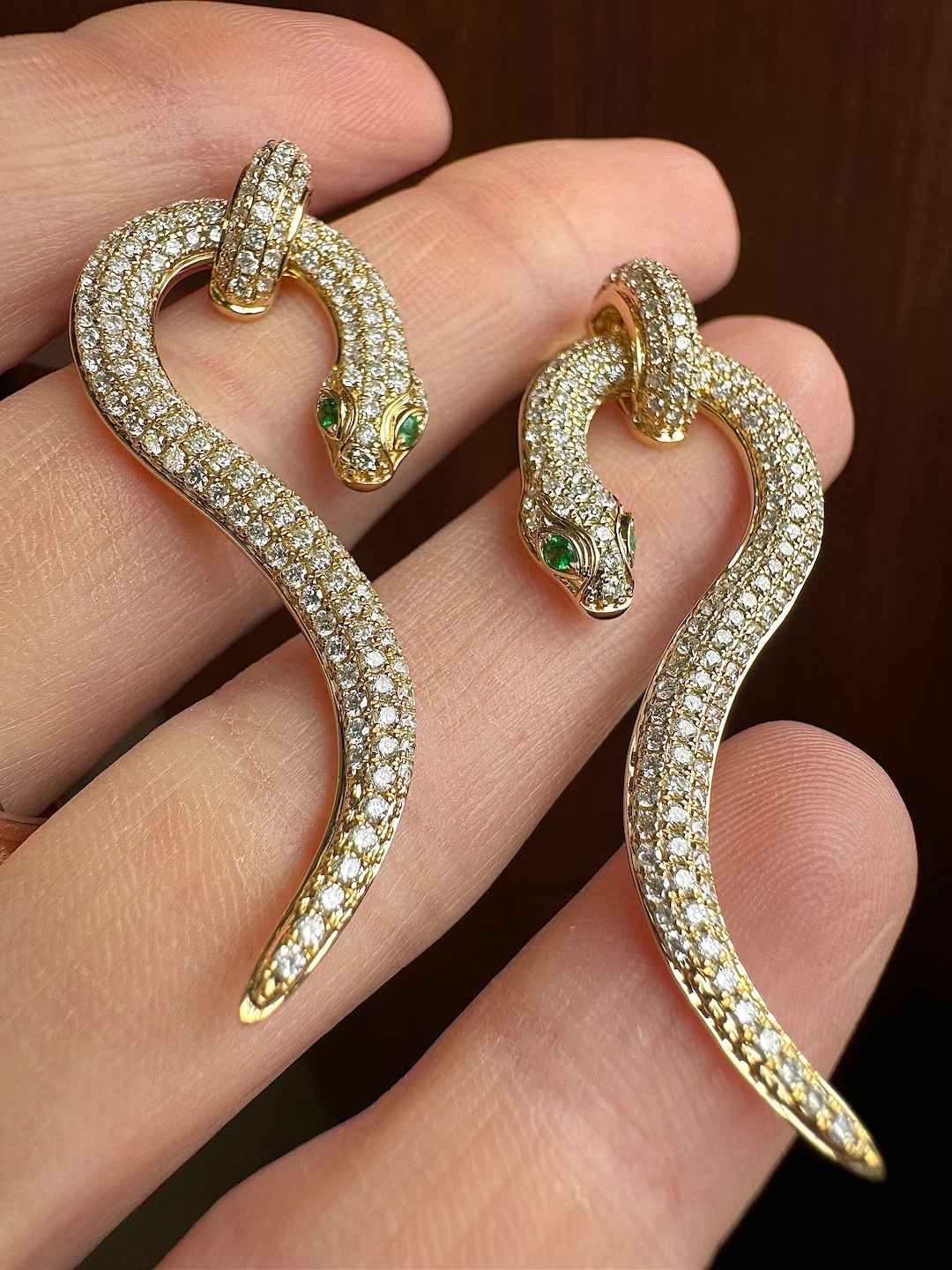 18K Yellow Gold Diamond Snake Earrings - Unique One of A Kind Fine ...