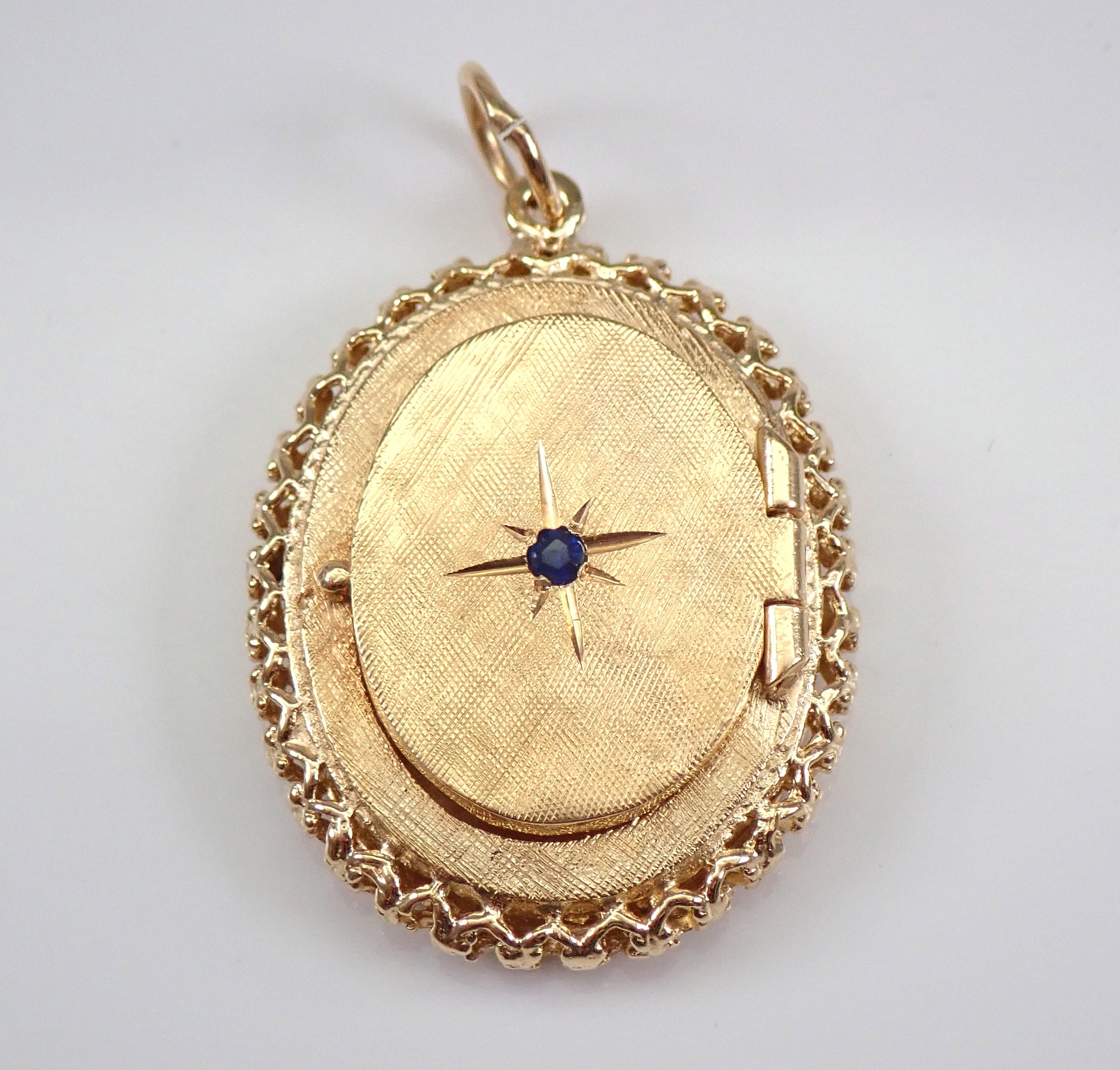 Vintage 14K Gold Sapphire Locket, Antique Sapphire Pendant Charm