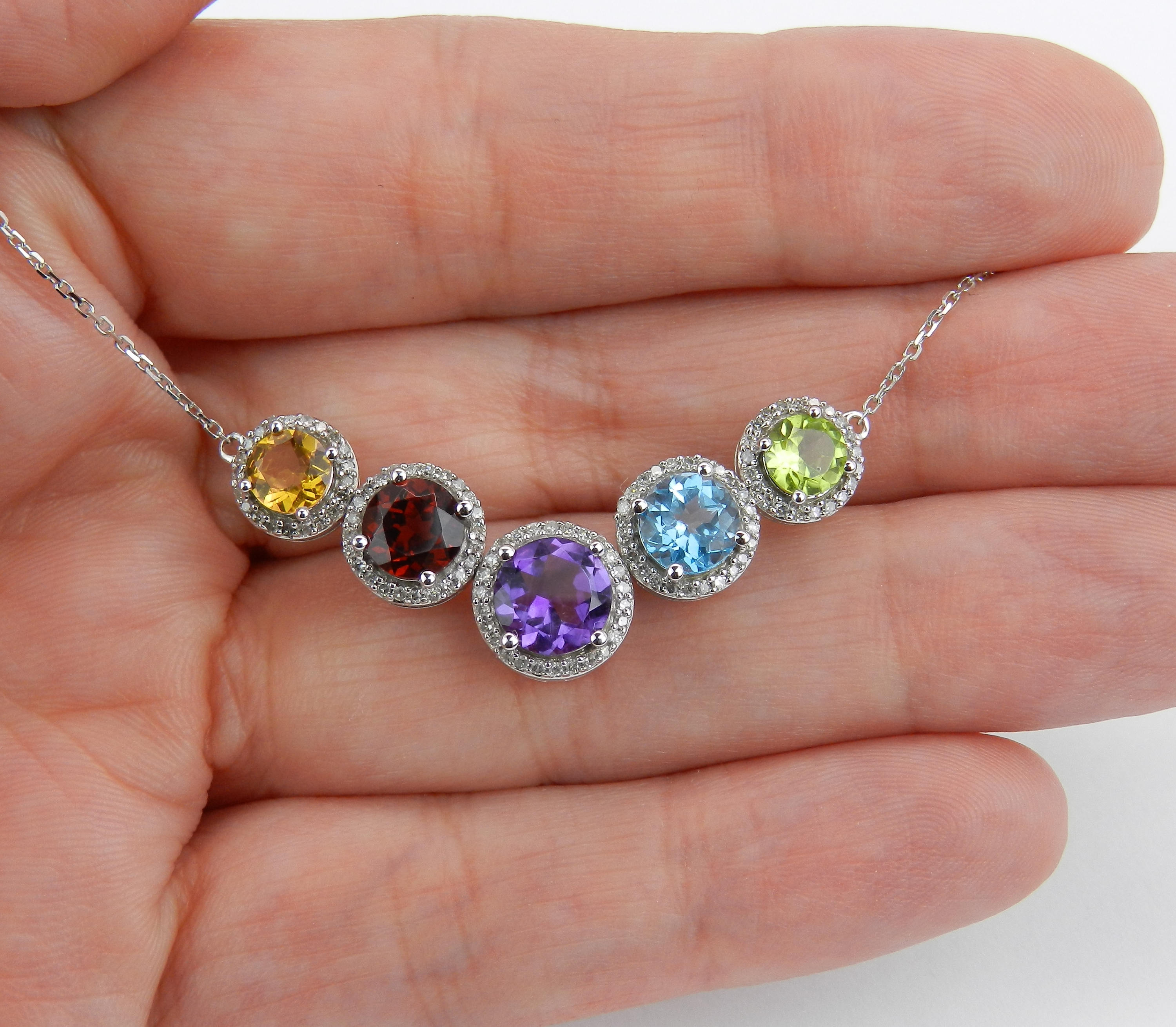Multi Color Gemstone Diamond Halo Necklace White Gold 17.5 Chain Garnet ...