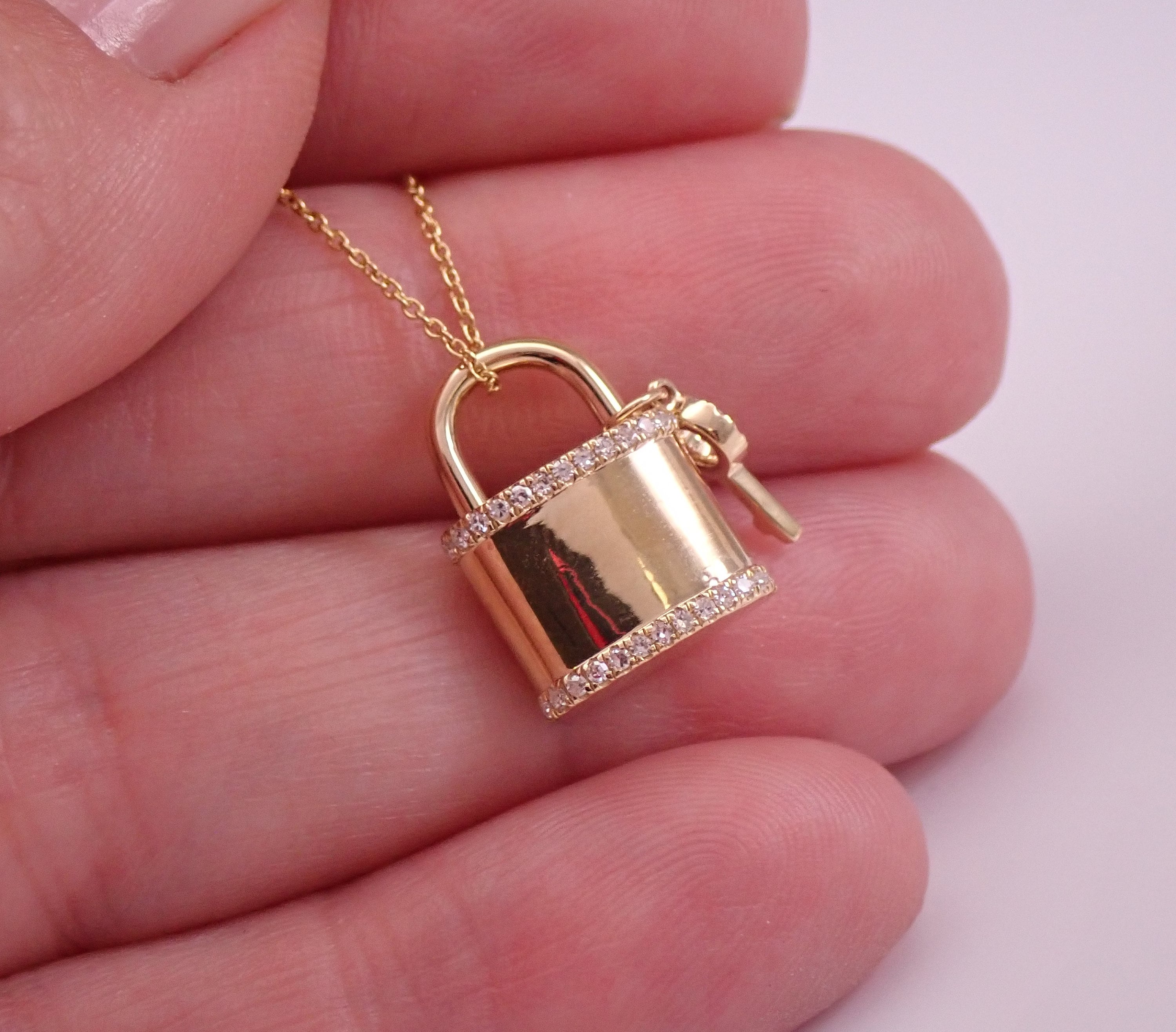 14K Yellow Gold Diamond LOCK and KEY Pendant Necklace 18 Chain Wedding ...