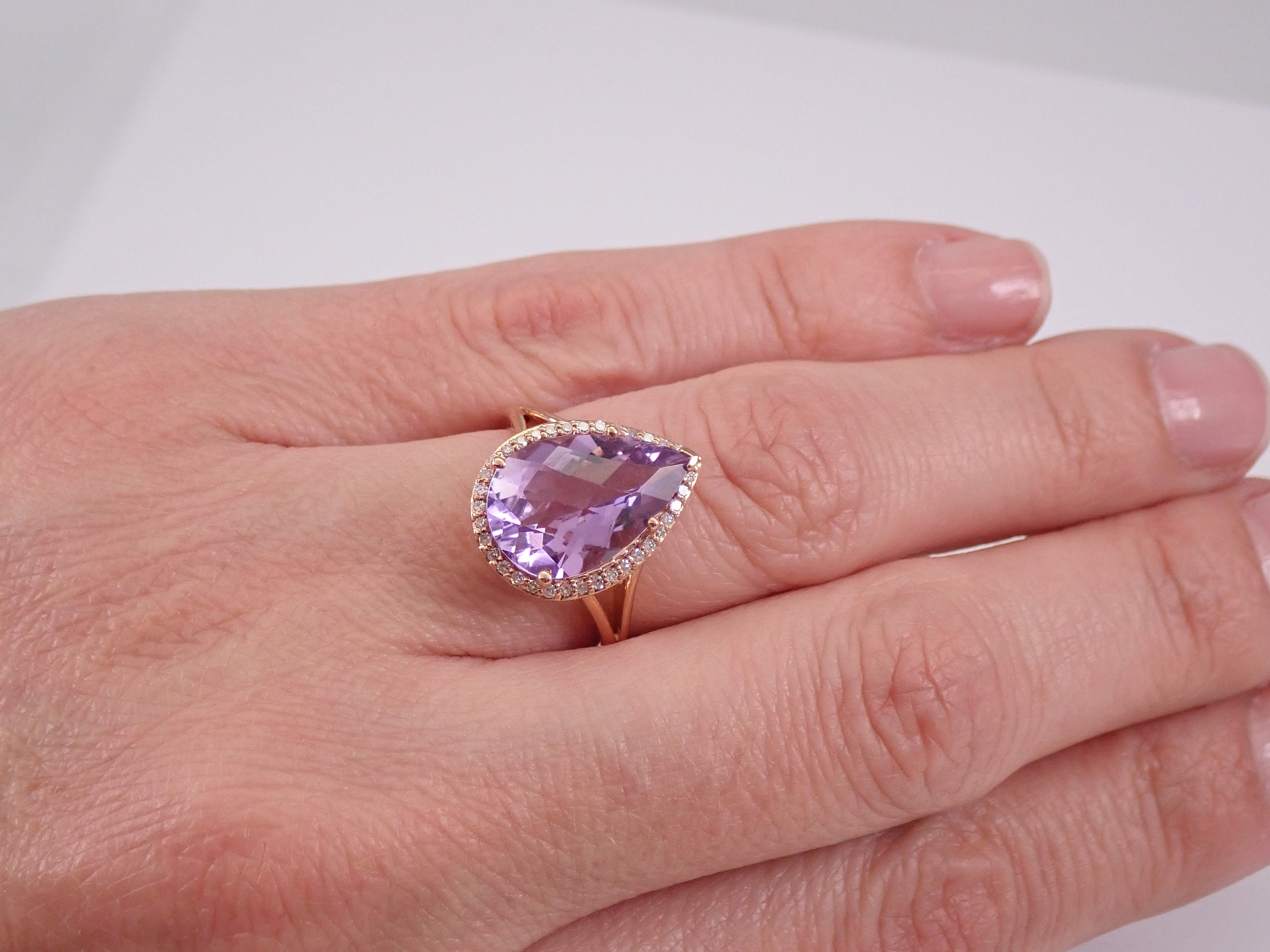 6 20 Ct Diamond And Pear Amethyst Halo Engagement Ring Rose Gold Size 7