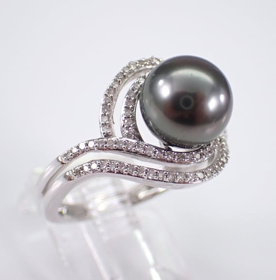 Black Pearl and Diamond Ring 14K White Gold Bridal Engagement Gift June Birthstone Fine Jewelry Etsy