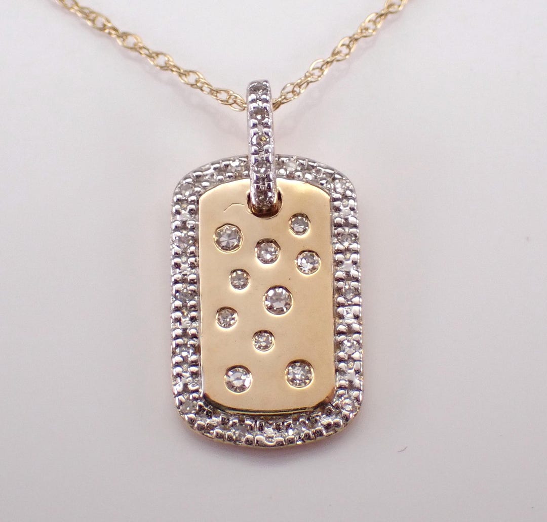 Diamond Dog Tag Charm Pendant and Chain Yellow Gold Dainty Petite Halo ...