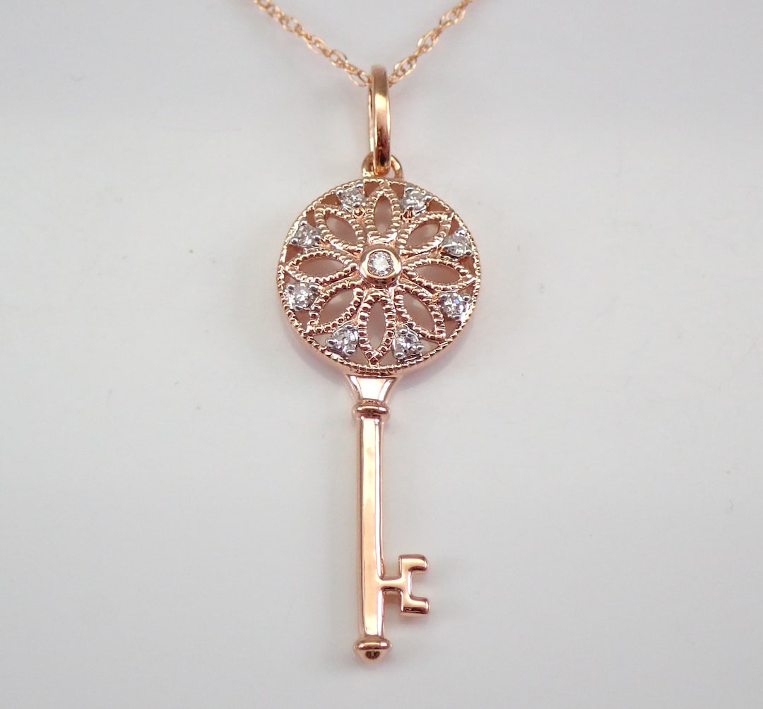 Genuine Diamond KEY Charm Pendant - Solid Rose Gold Dainty Choker ...