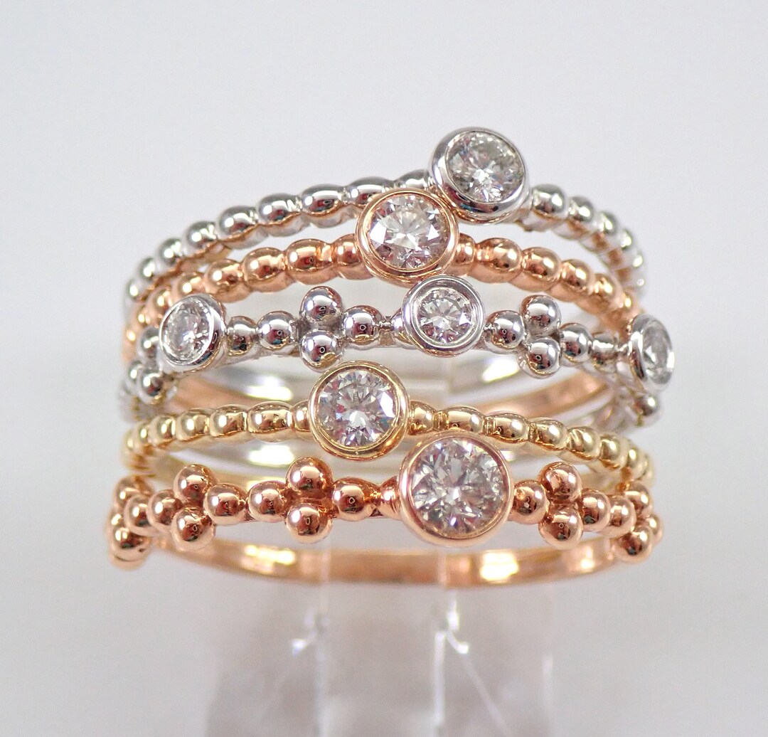 14K Tri Color Gold Stackable 5 Ring SET Diamond Mix and Match Bands ...