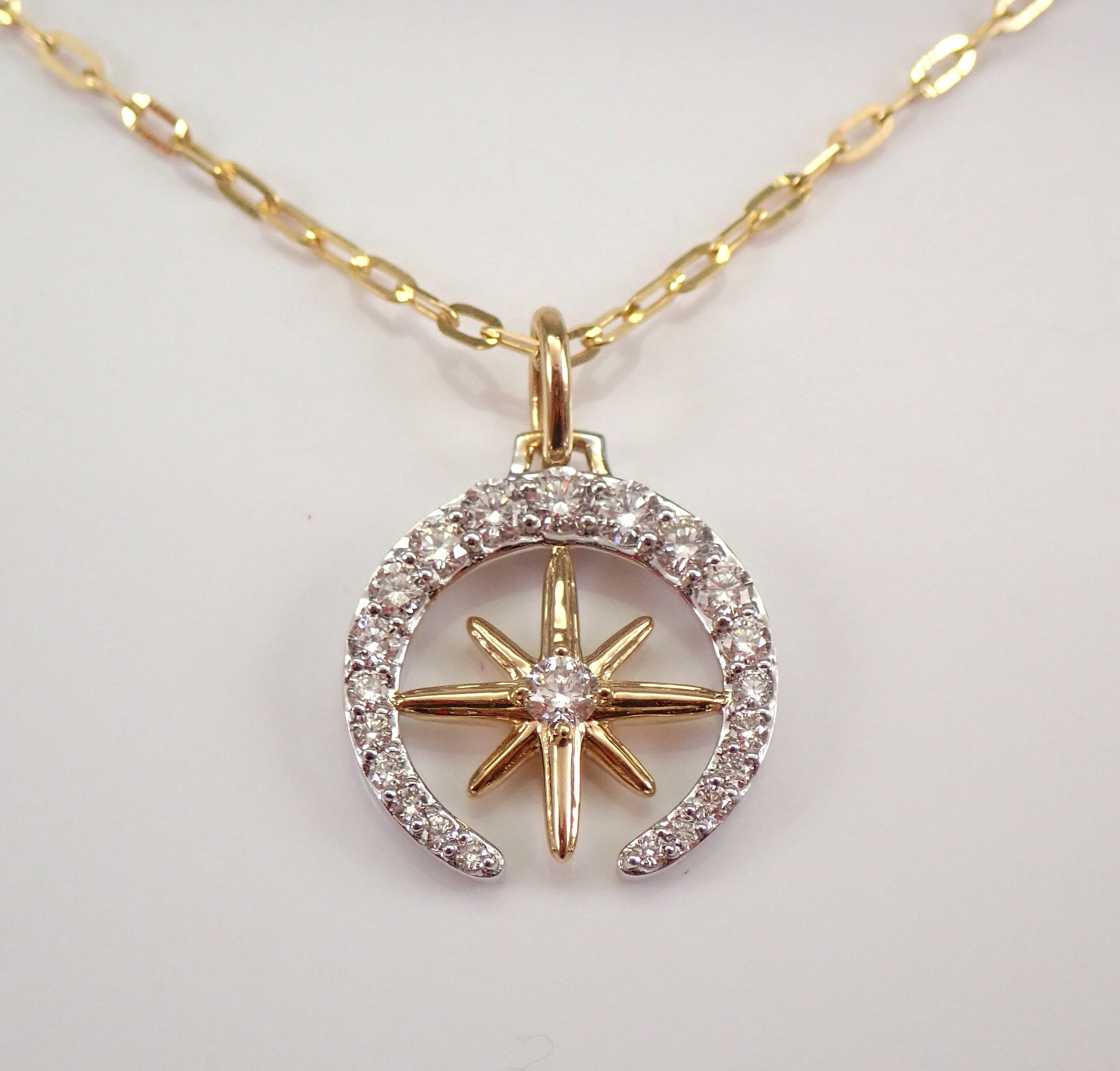 Yellow and White Gold Diamond Star Pendant Adjustable Chain Necklace ...