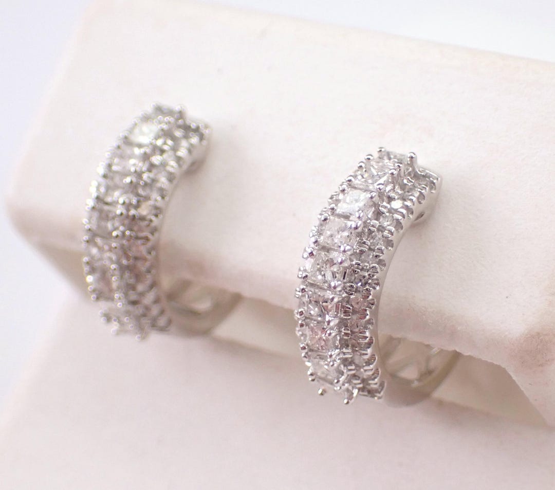 Princess Cut Diamond Hoop Earrings 14K White Gold Square Diamond ...