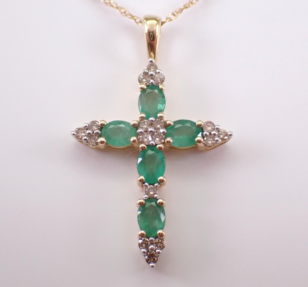 14K Yellow Gold Emerald Cross Pendant and Chain - Diamond Set Religious ...