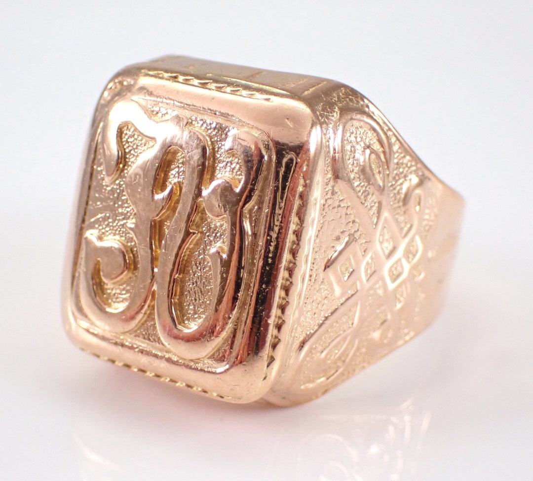 Antique 14K Rose Gold Signet Initial Ring, Vintage Engraved Bas Relief ...