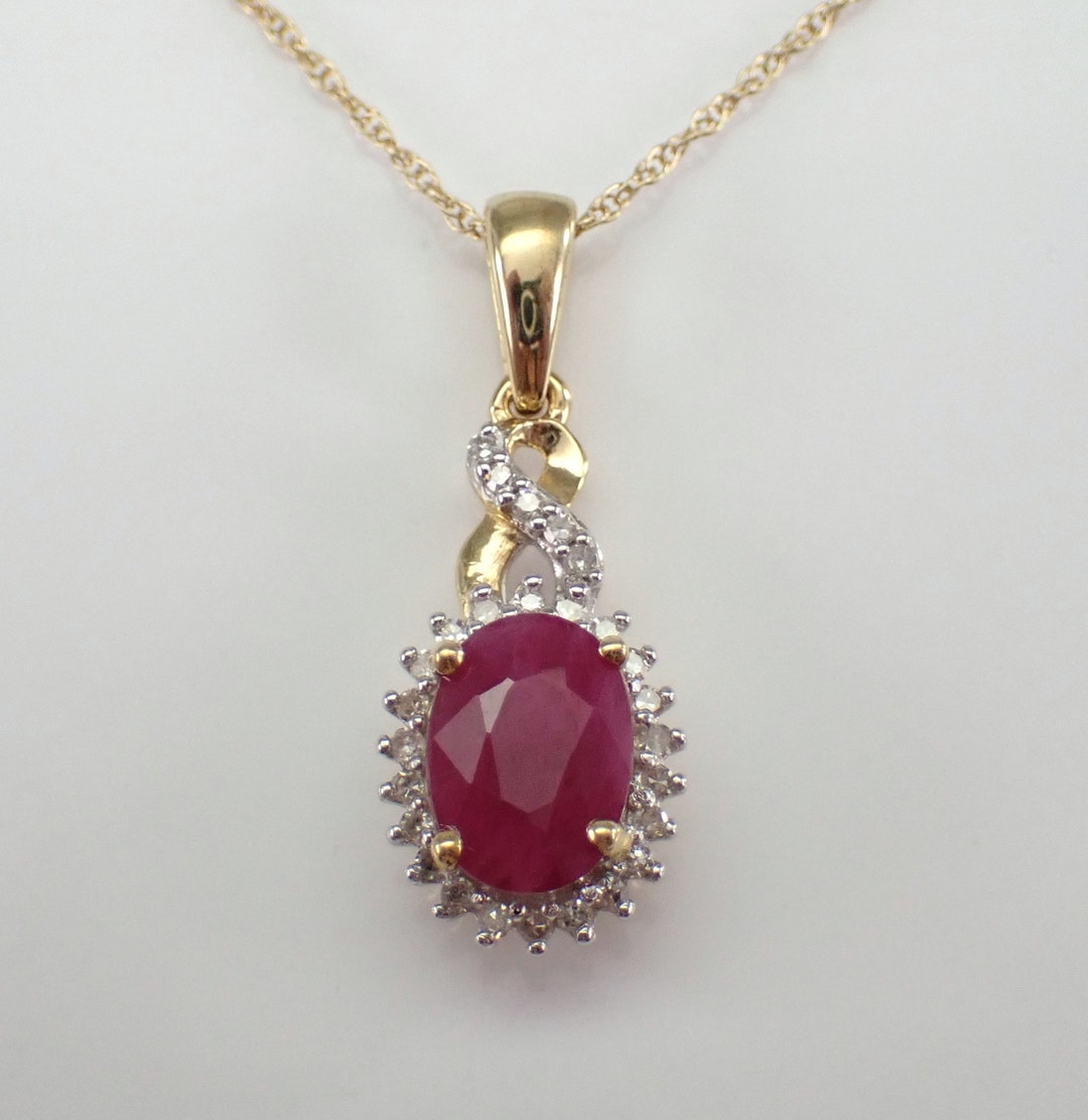 Yellow Gold Ruby Pendant and Chain - Diamond Halo Choker Charm Necklace ...