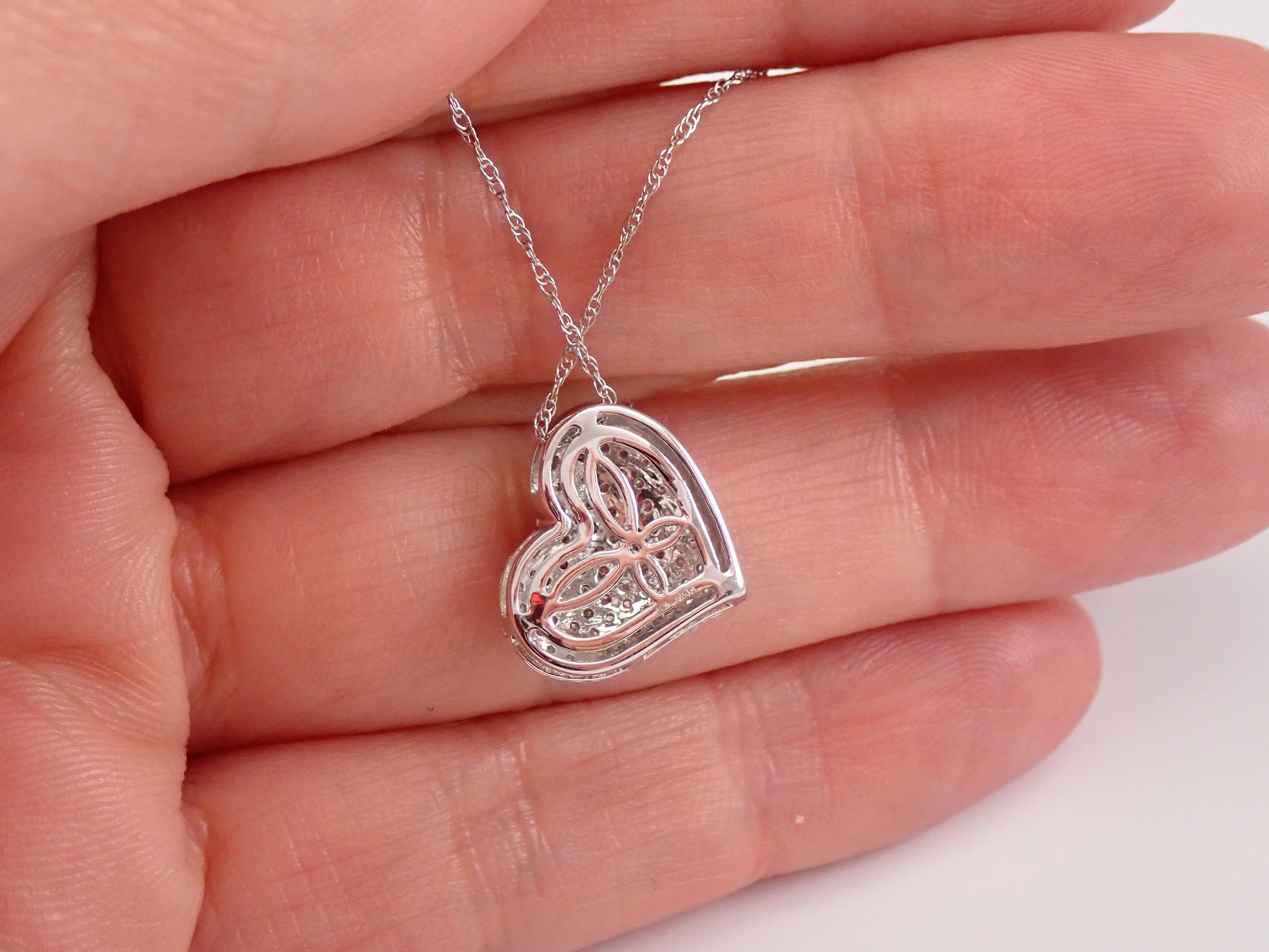 Puffy Diamond Heart Pendant - 14k White Gold Station Necklace - Pave Set Cluster Slide Choker ...