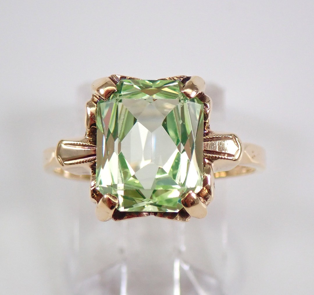 Antique Pale Green Emerald Cut Gem Ring Vintage Yellow Gold Solitaire ...