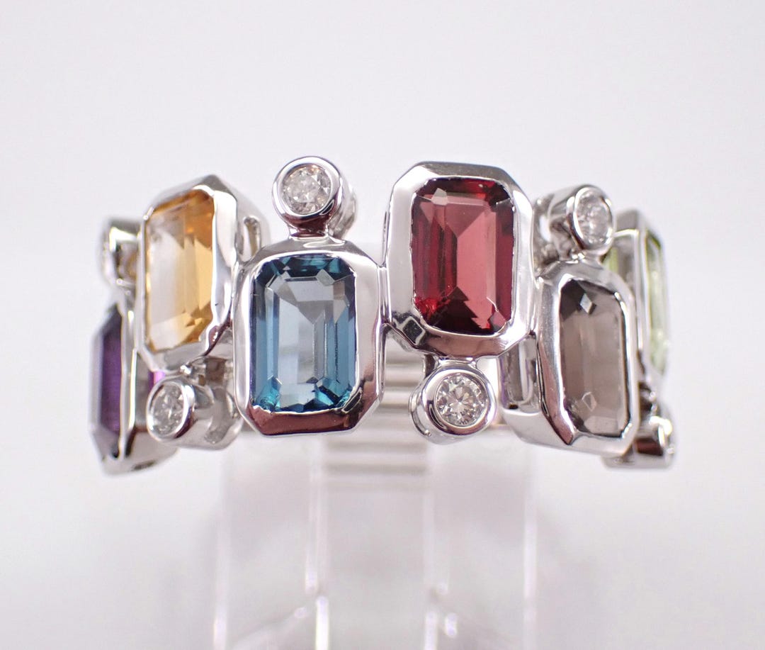 Multi Color Gemstone and Diamond Ring - White Gold Emerald Cut ...