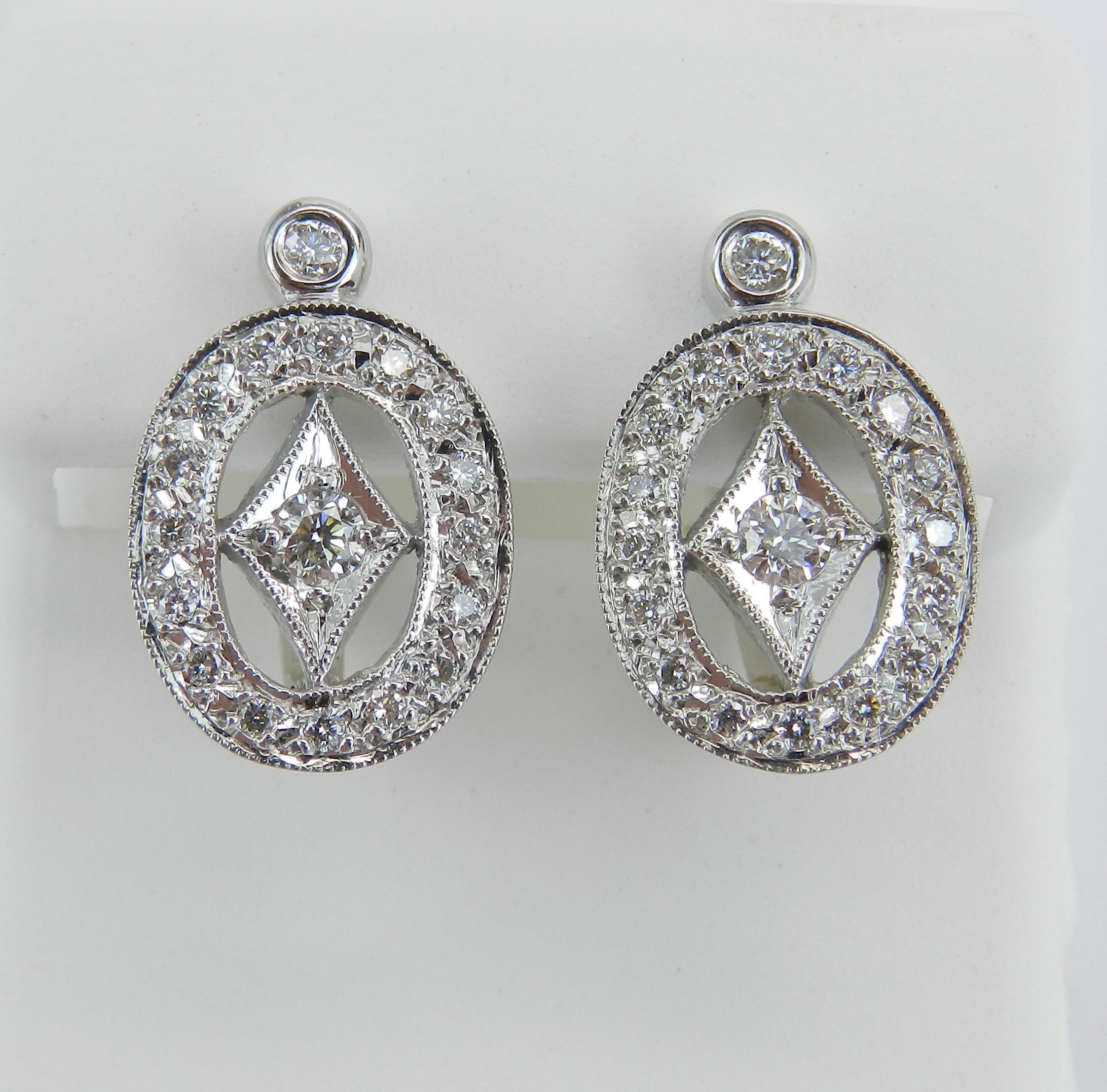Vintage Style 14K White Gold Diamond Drop Earrings Euro Wire Clasp Handmade