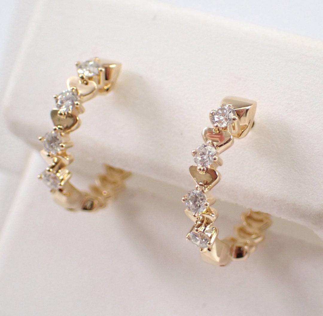 14K Yellow Gold Small Diamond Huggie Mini Diamond Hoop Earrings Genuine ...