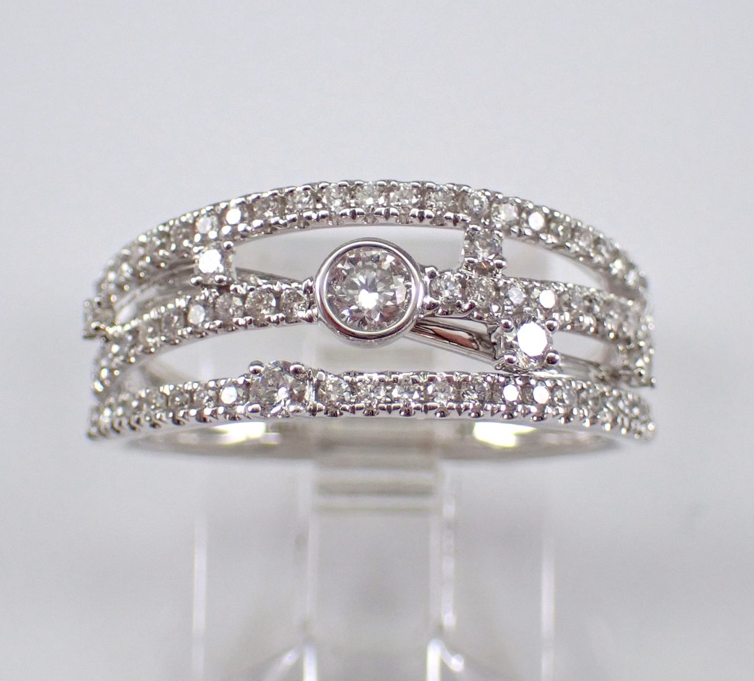 Diamond Crossover Wedding Ring - 14K White Gold Multi Row Anniversary ...