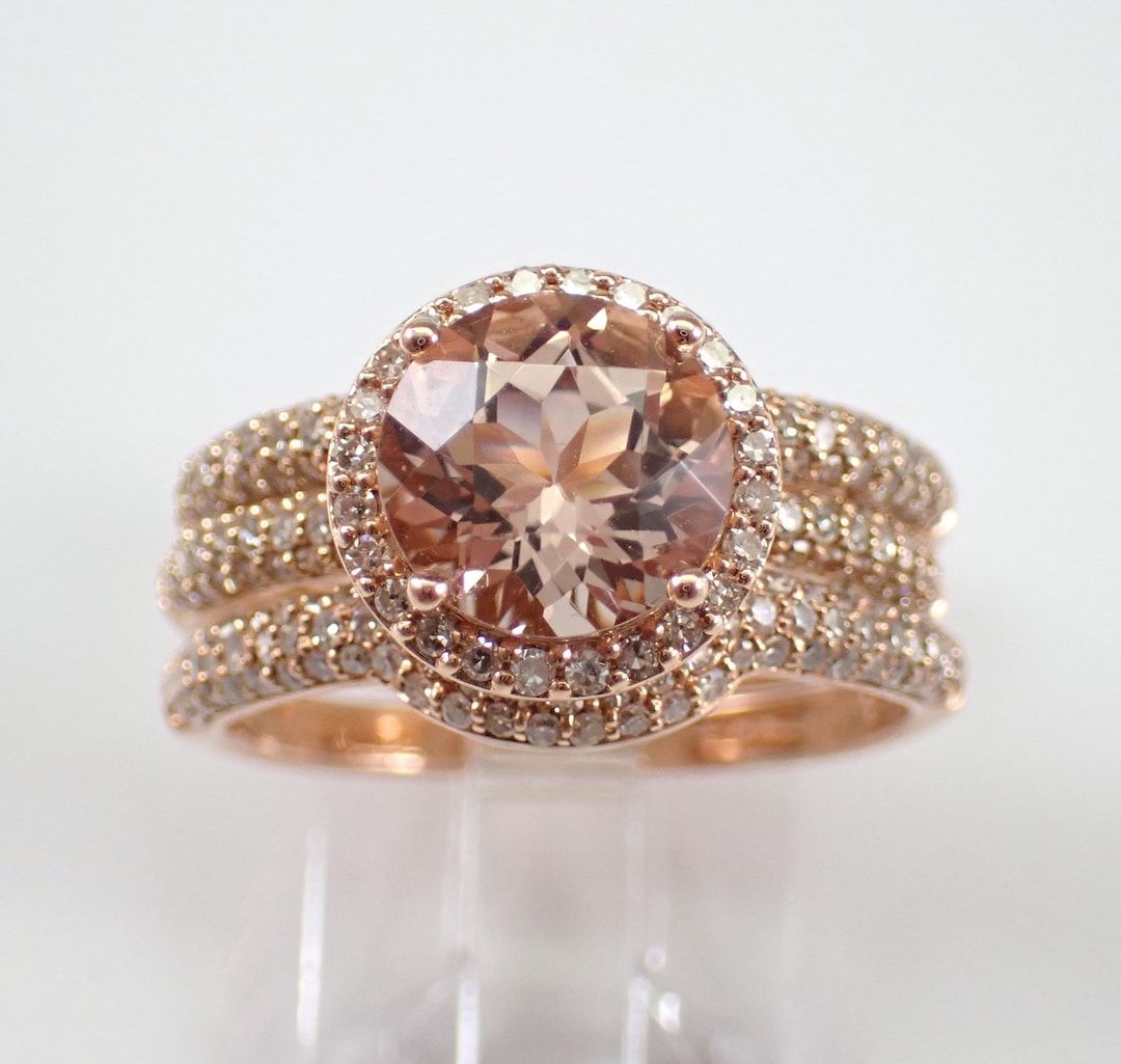 Morganite Engagement Ring and Wedding Band Set - 14K Rose Gold Bridal ...