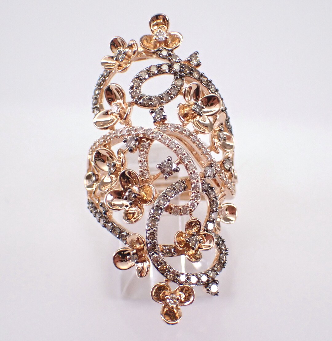 14K Rose Gold Flower Cluster Ring - Unique Cognac Brown Diamond Cluster ...