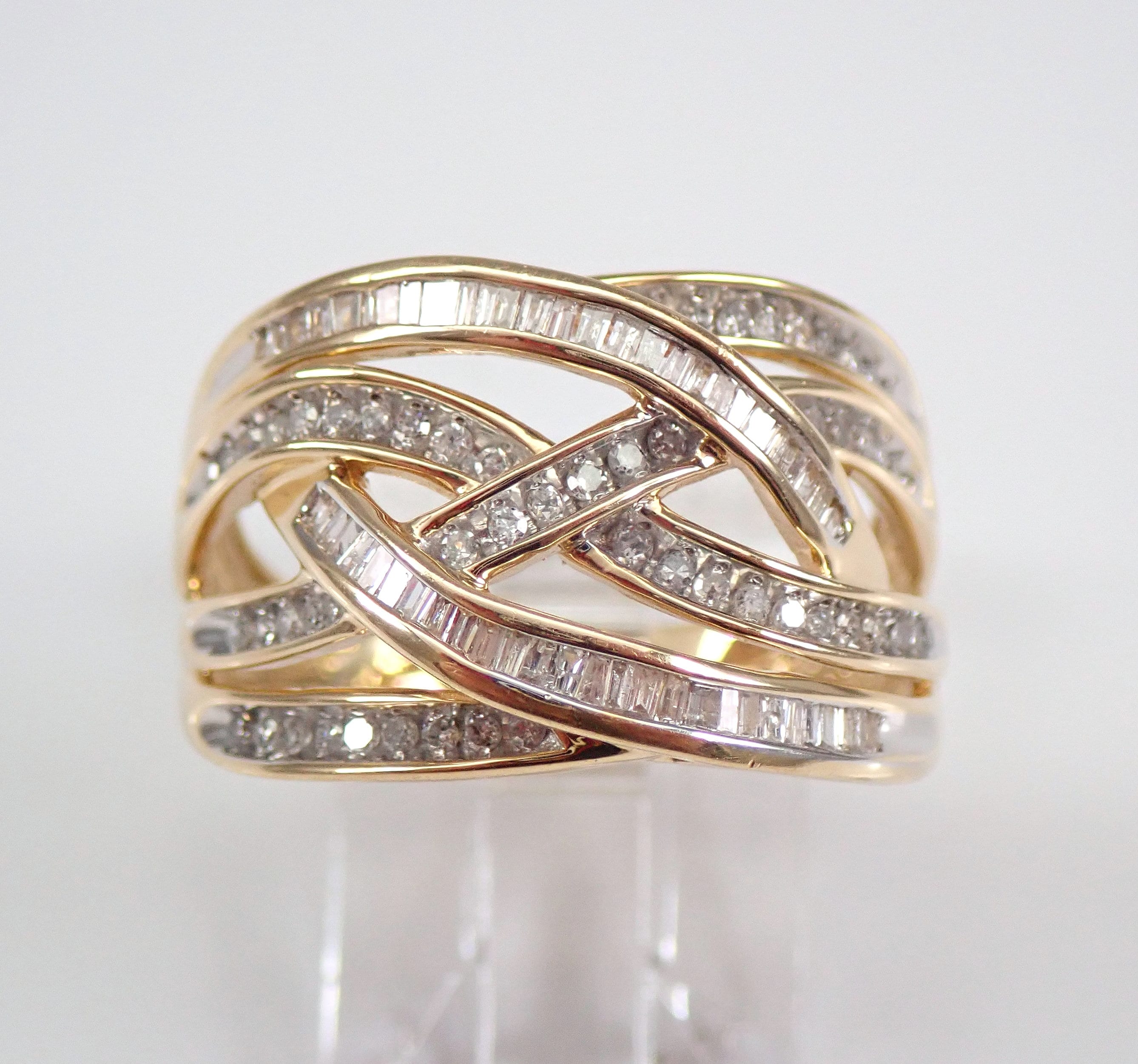 Yellow Gold Diamond Anniversary Ring, Multi Row Crossover Wedding Band ...