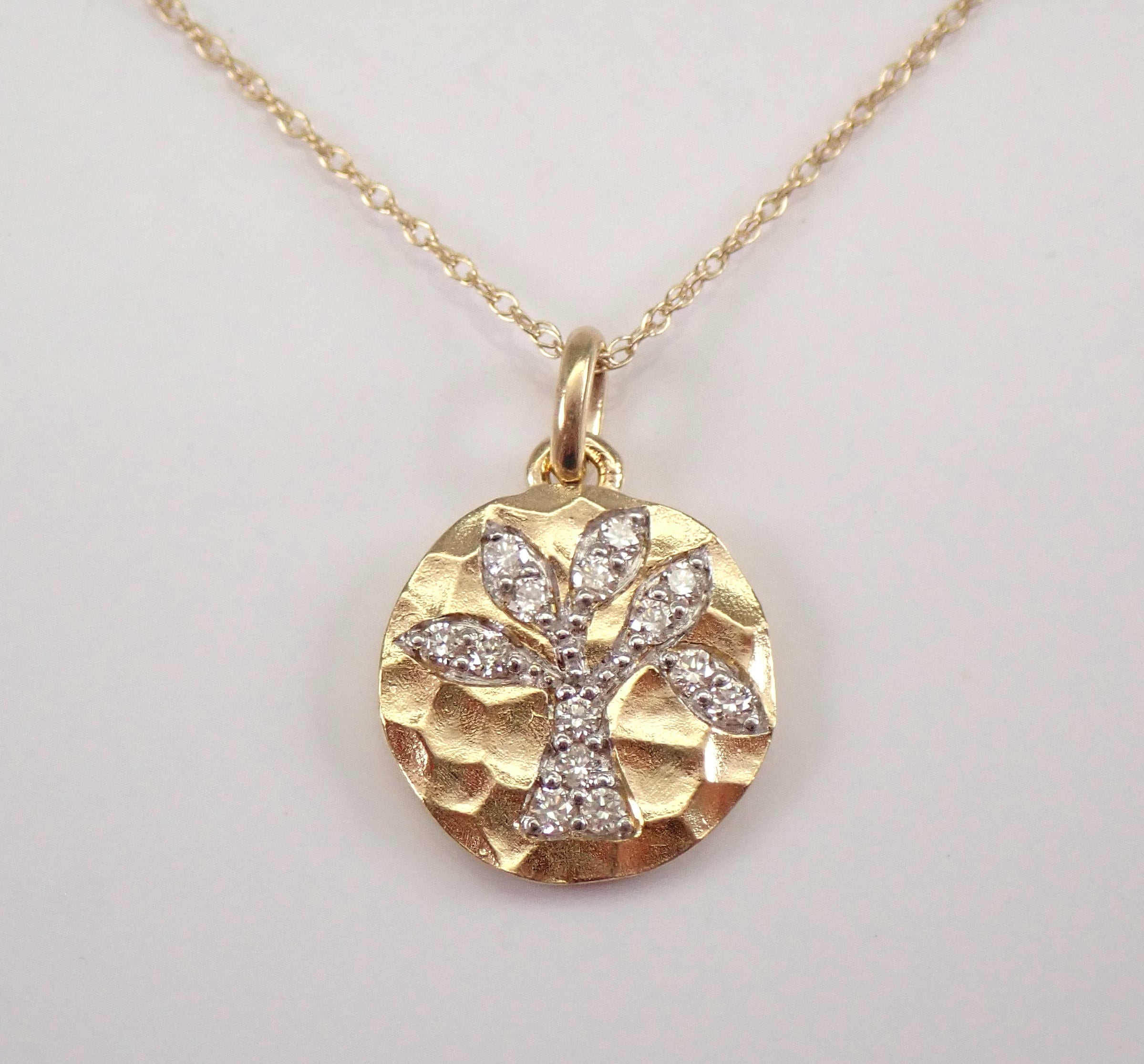 Diamond TREE of LIFE Necklace, Solid 10K Yellow Gold Chain, Hammered ...