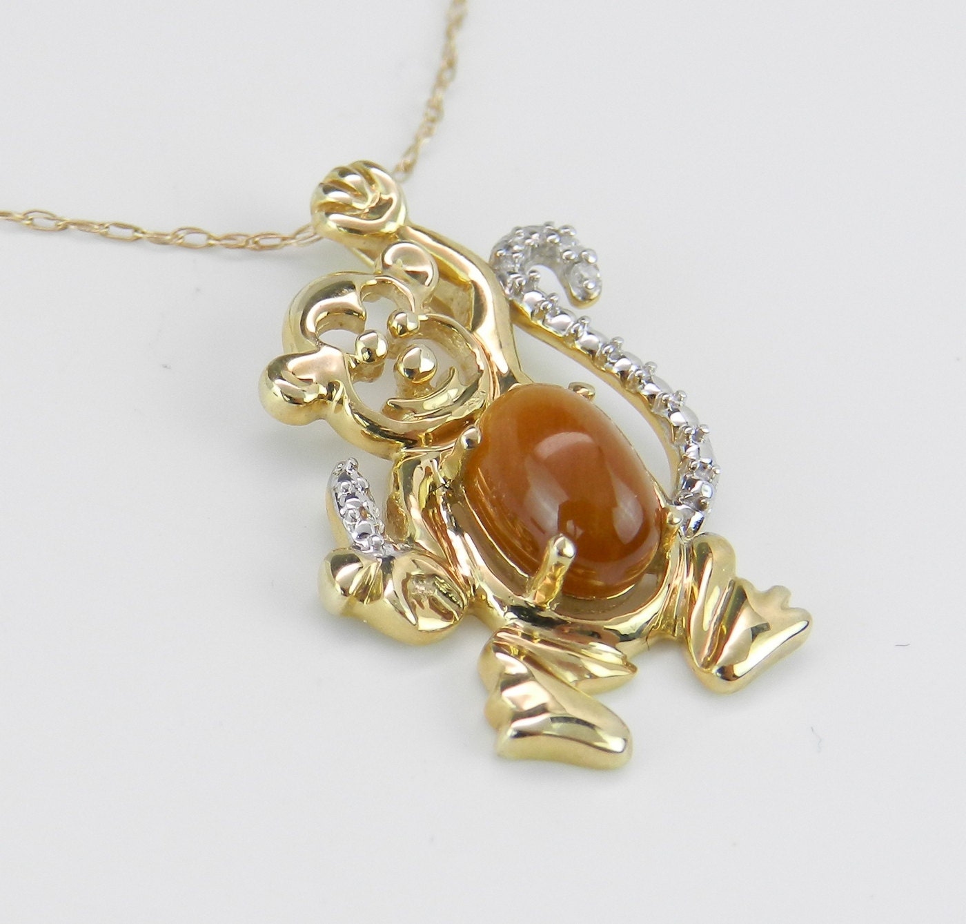 Diamond and Tiger Eye Monkey Drop Pendant Necklace 18 Chain Yellow Gold