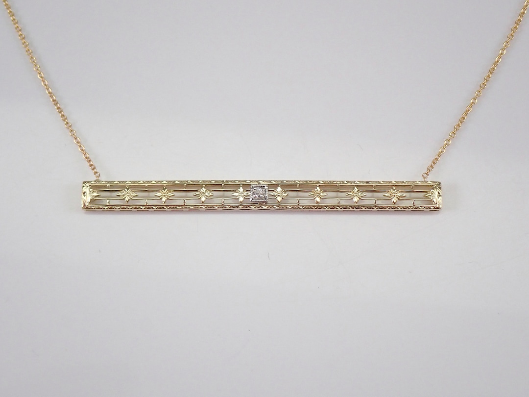 14K Yellow Gold Diamond Bar Necklace - Art Deco Filigree Station ...