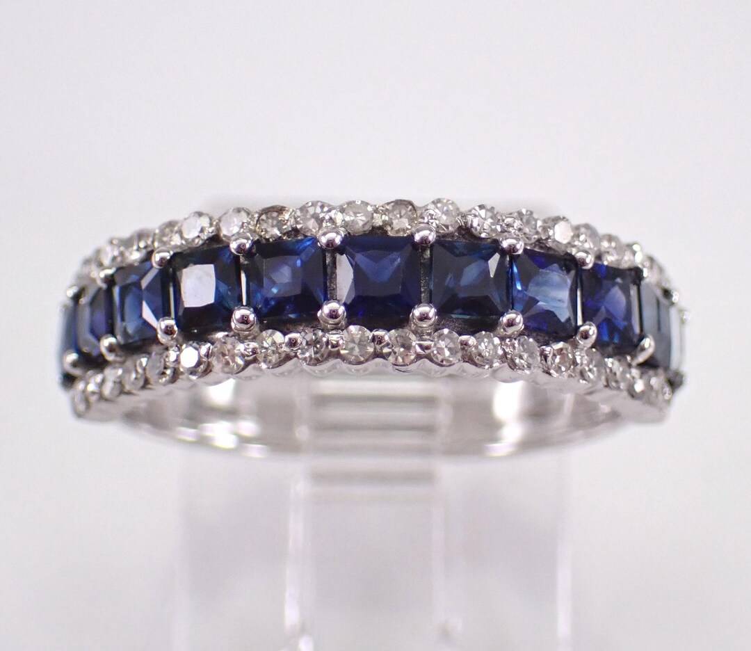 Princess Cut Sapphire and Diamond Wedding Ring - Solid 14K White Gold ...