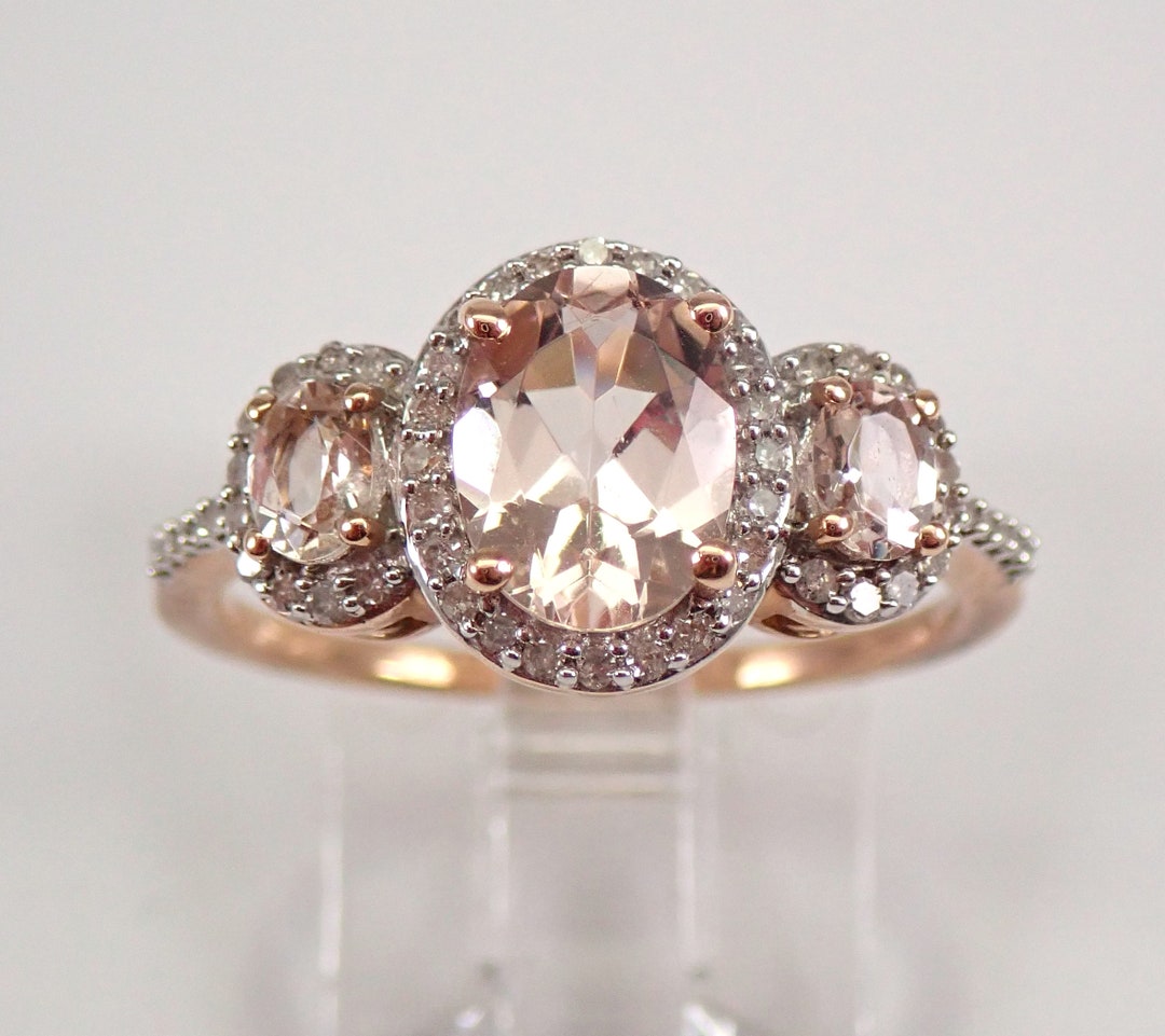 Rose Gold Three Stone Morganite Ring, Diamond and Morganite Engagement ...