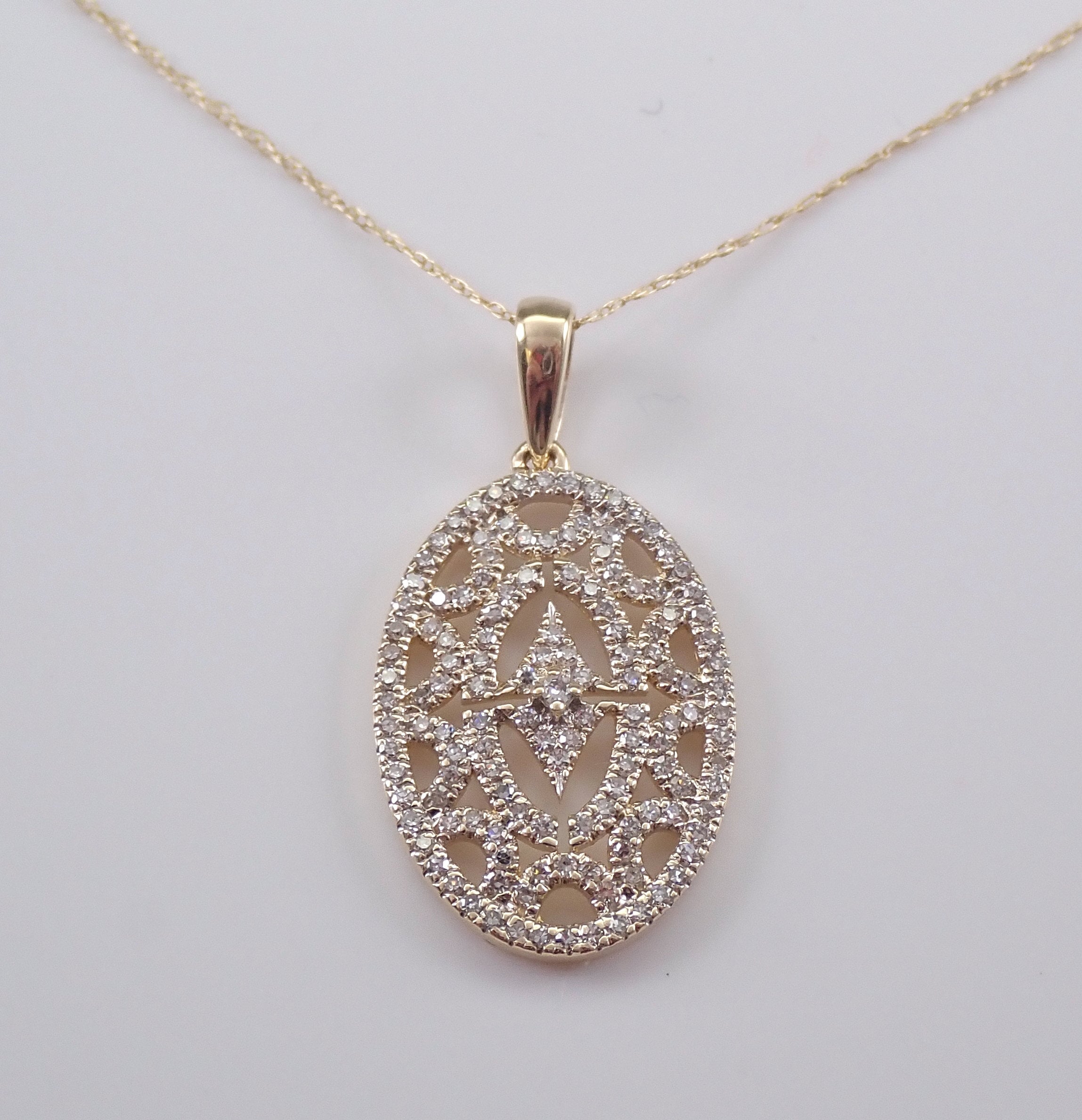Diamond Cluster Pendant 14K Yellow Gold Wedding Necklace Oval Drop Chain 18