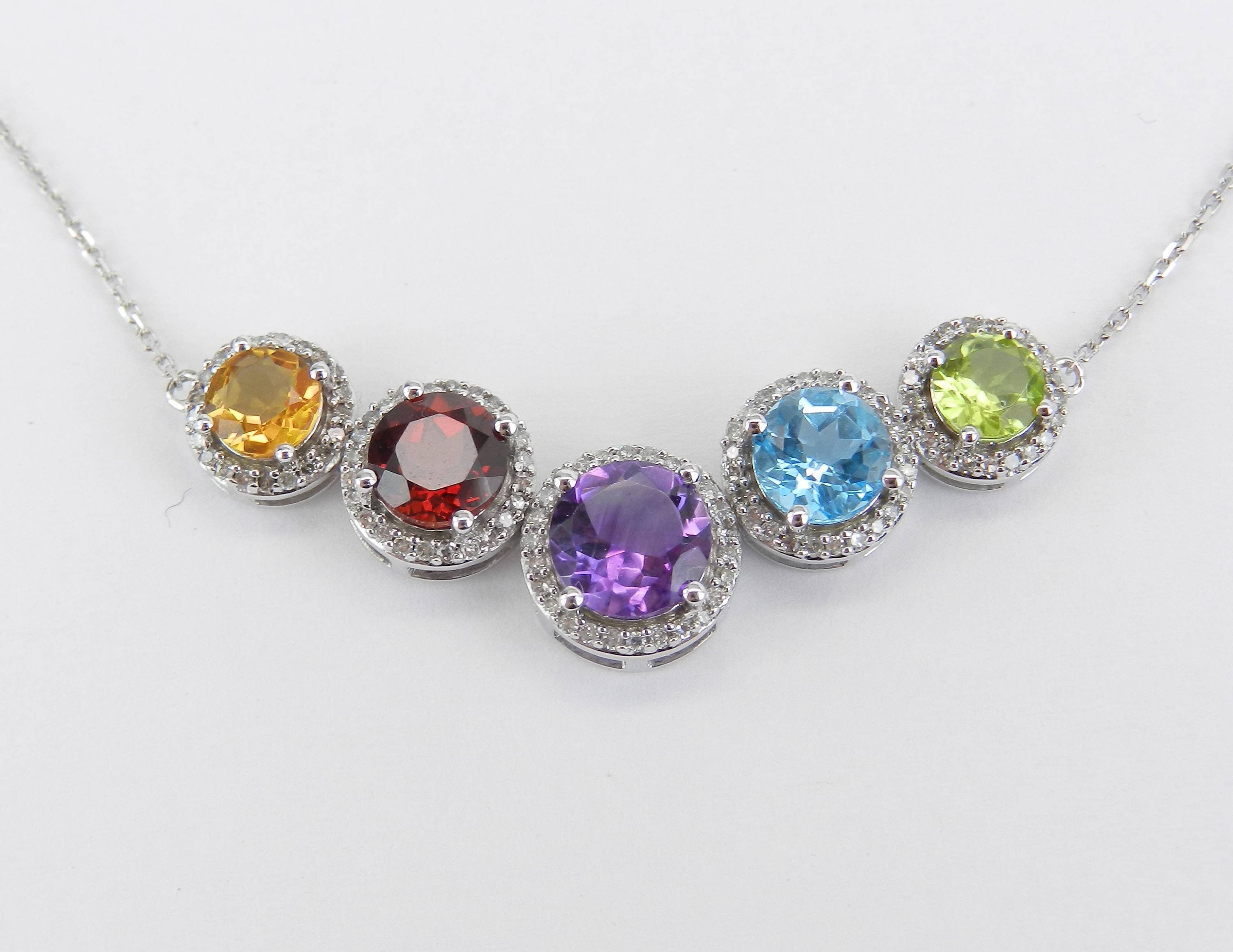 Multi Color Gemstone Diamond Halo Necklace White Gold 17.5 Chain Garnet ...