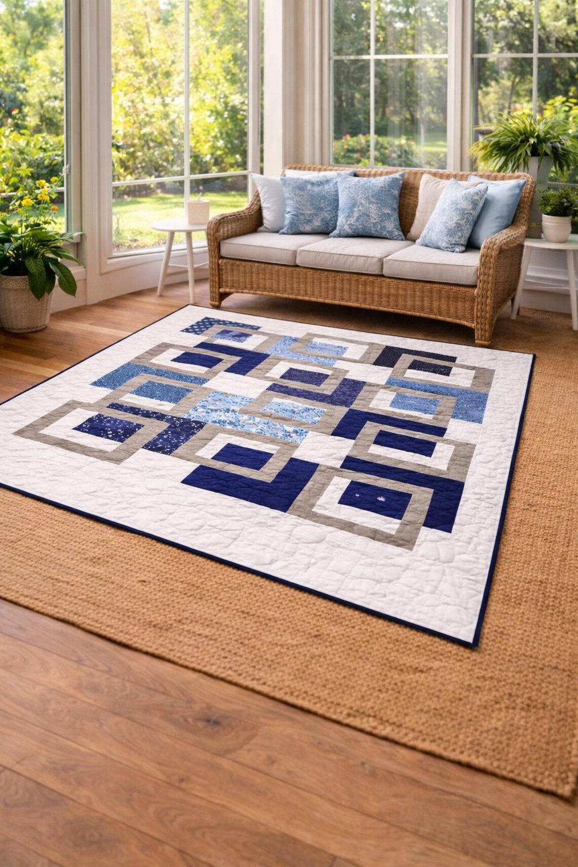 Floating Windows Quilt Pattern – Blue & White Geometric Patchwork (PDF ...