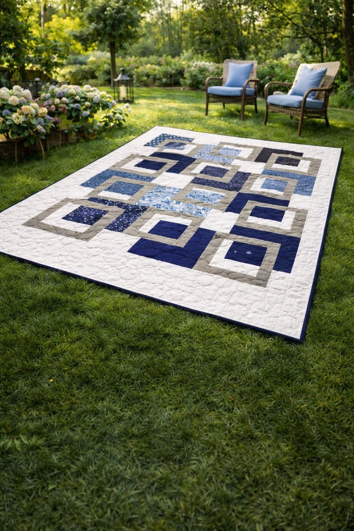Floating Windows Quilt Pattern – Blue & White Geometric Patchwork (PDF ...