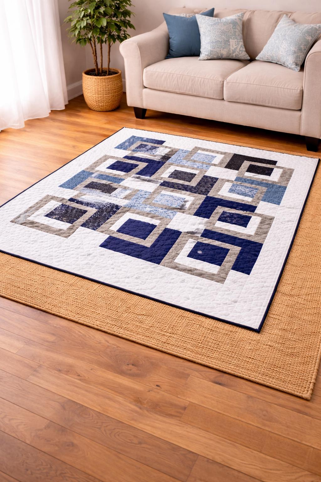 Floating Windows Quilt Pattern – Blue & White Geometric Patchwork (PDF ...