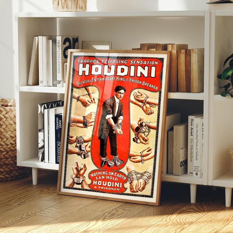 Harry Houdini Vintage Magic Poster Print Upscaled HD Handcuff King Wall ...