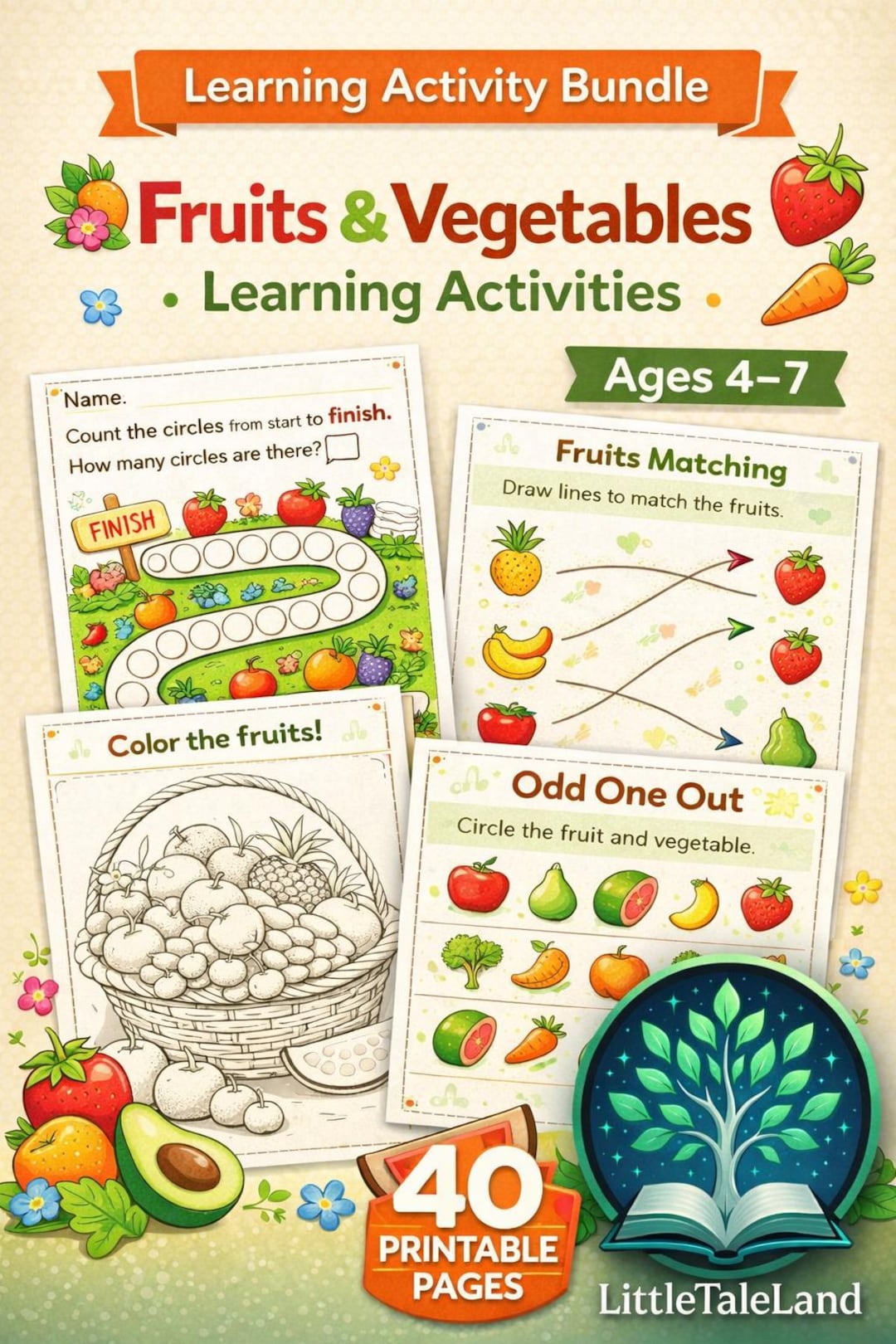 Fruits and Vegetables Worksheets for Kids Ages 4–7, Printable Activity ...