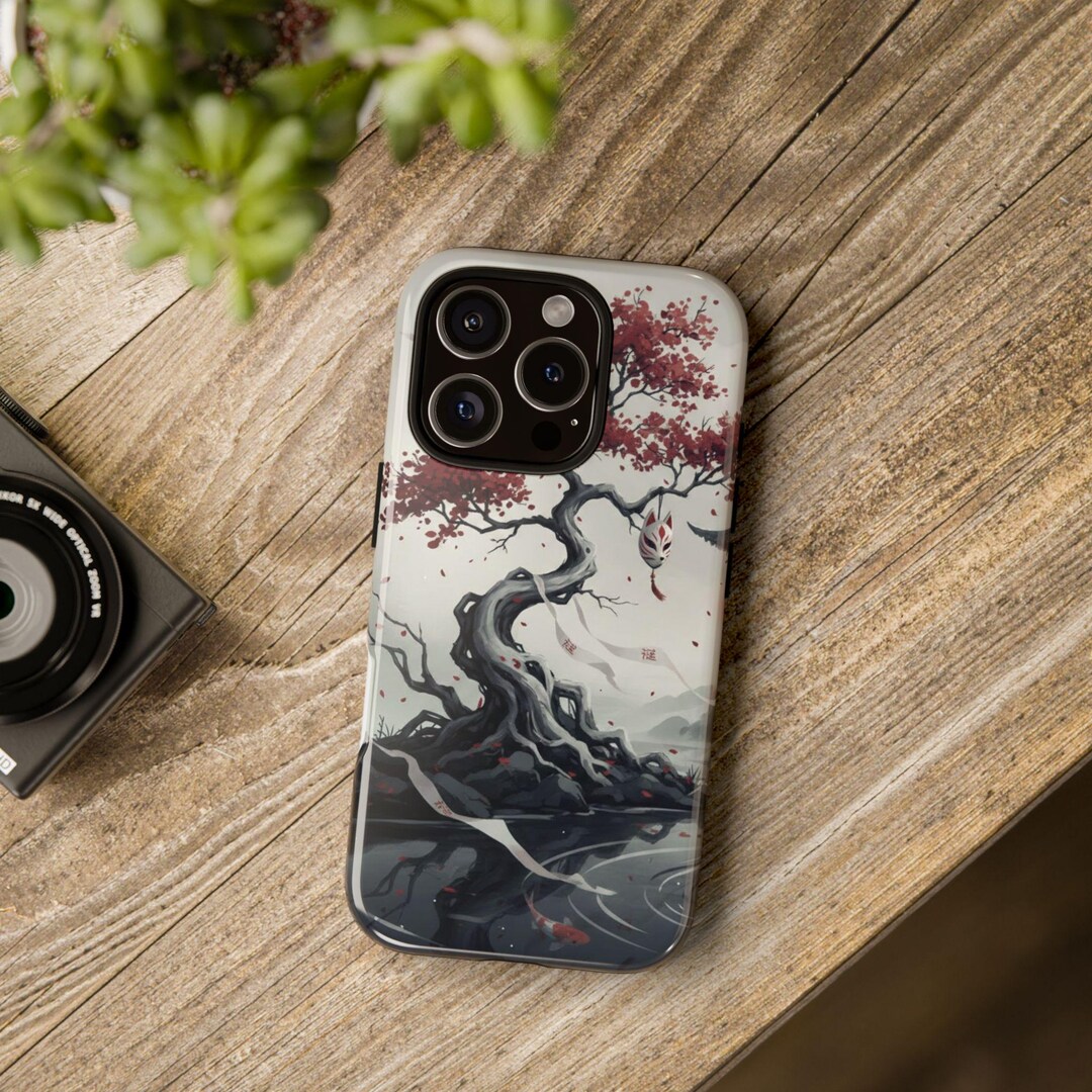 Japanese Fox Mask Phone Case, Kitsune Mask and Sakura Tree, Zen Art ...
