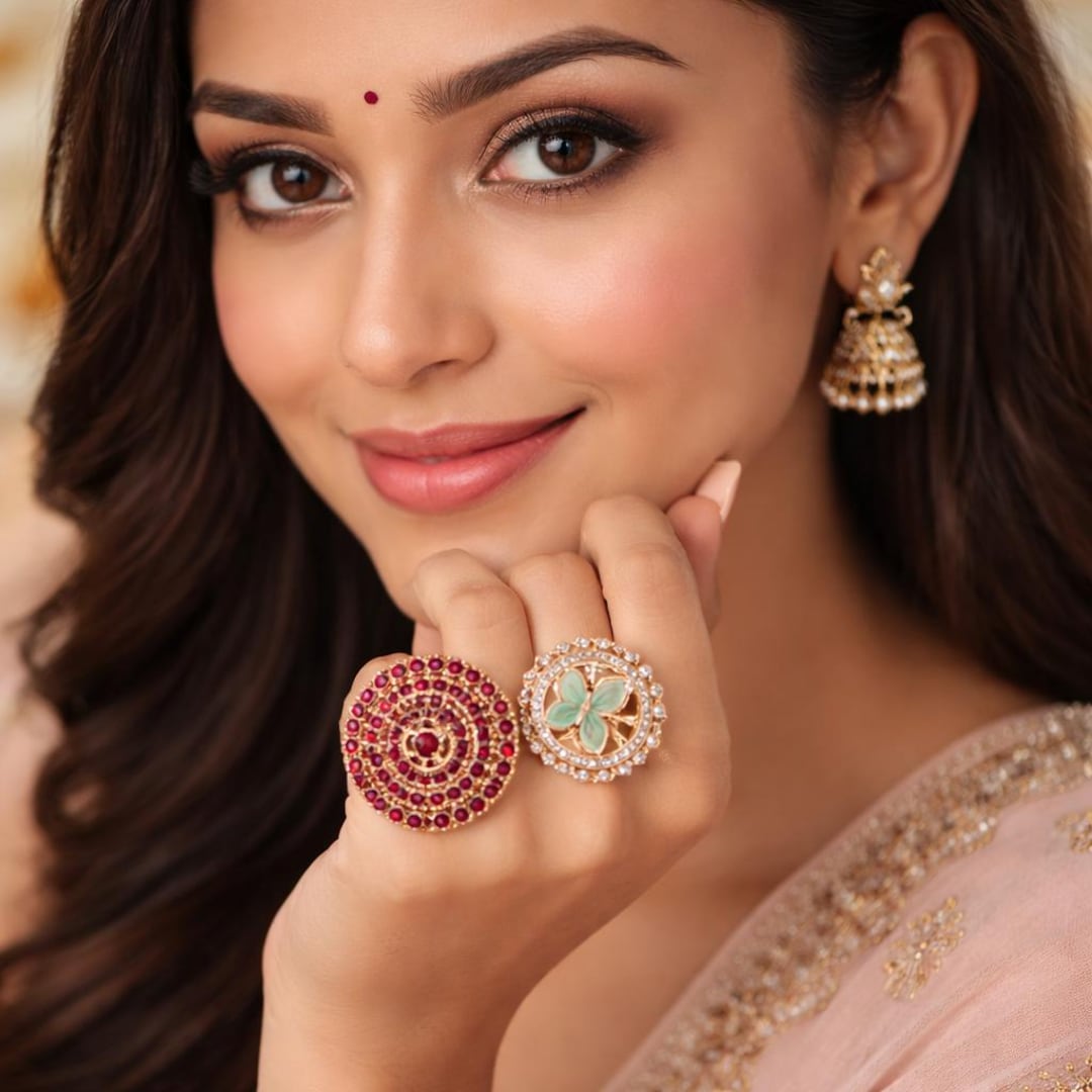 Buy Kundan Rings Set | Red Stone Statement Ring & Green Enamel Ring ...