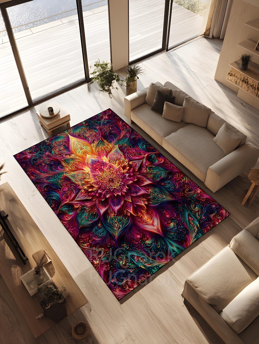 Colorful Abstract Floral Area Rug, Vibrant Flower Carpet, Modern ...