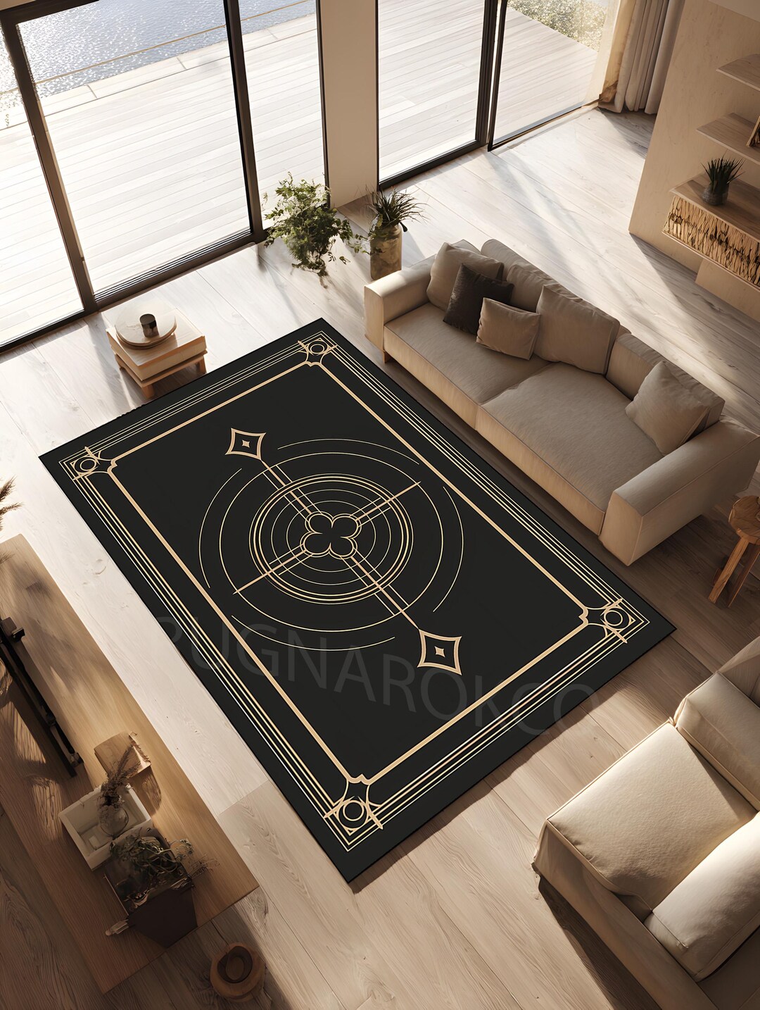 Geometric Art Deco Area Rug, Black Gold Rectangular Carpet, Minimalist ...