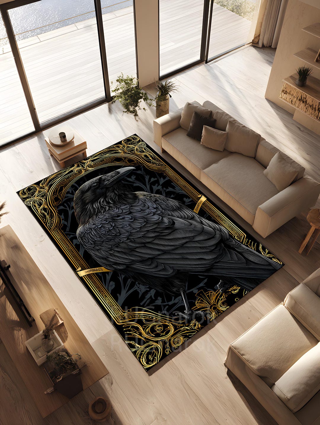 Gothic Raven Rug – Baroque Black and Gold Carpet for Witchy Aesthetic ...